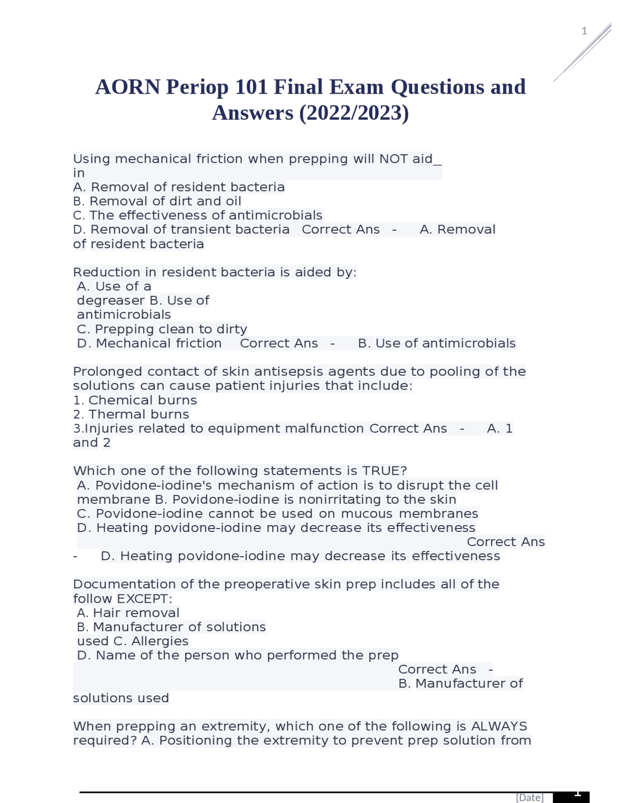 Aorn Periop 101 Final Exam Questions And Answers 20222023 Verified
