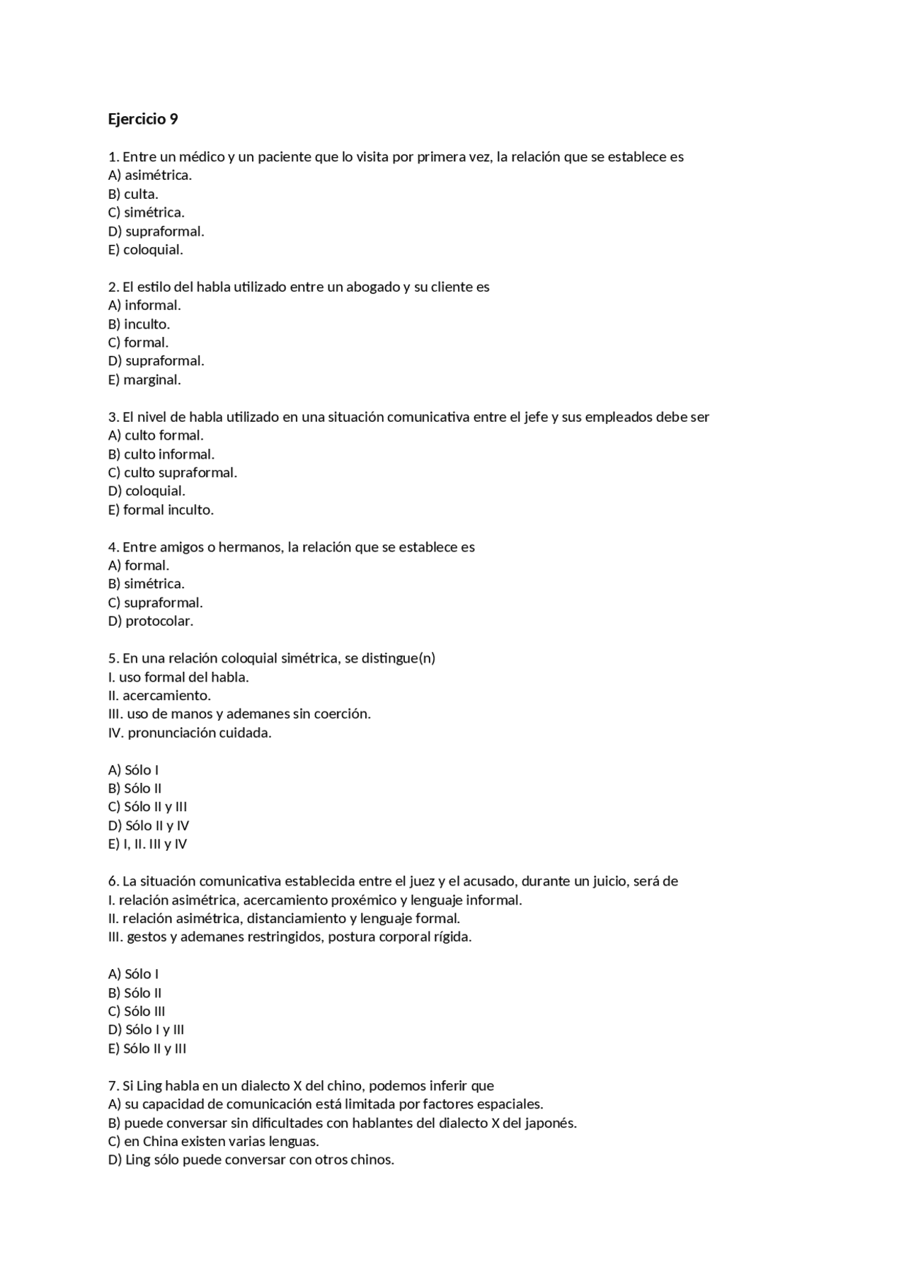Ejercicios Tipo Test Ejercicios De Idioma Español Docsity