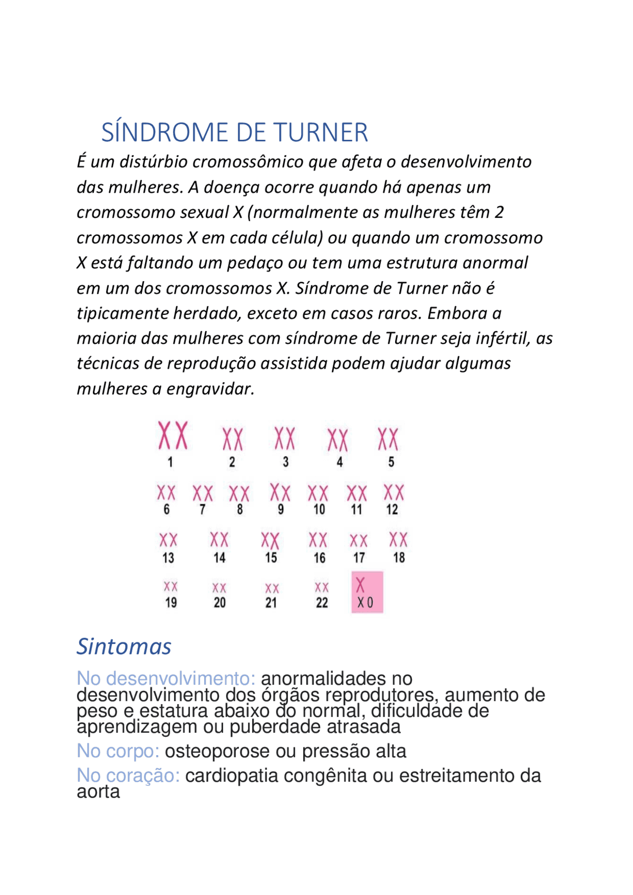 Síndrome de turner causas e tratamento | Resumos Biologia | Docsity