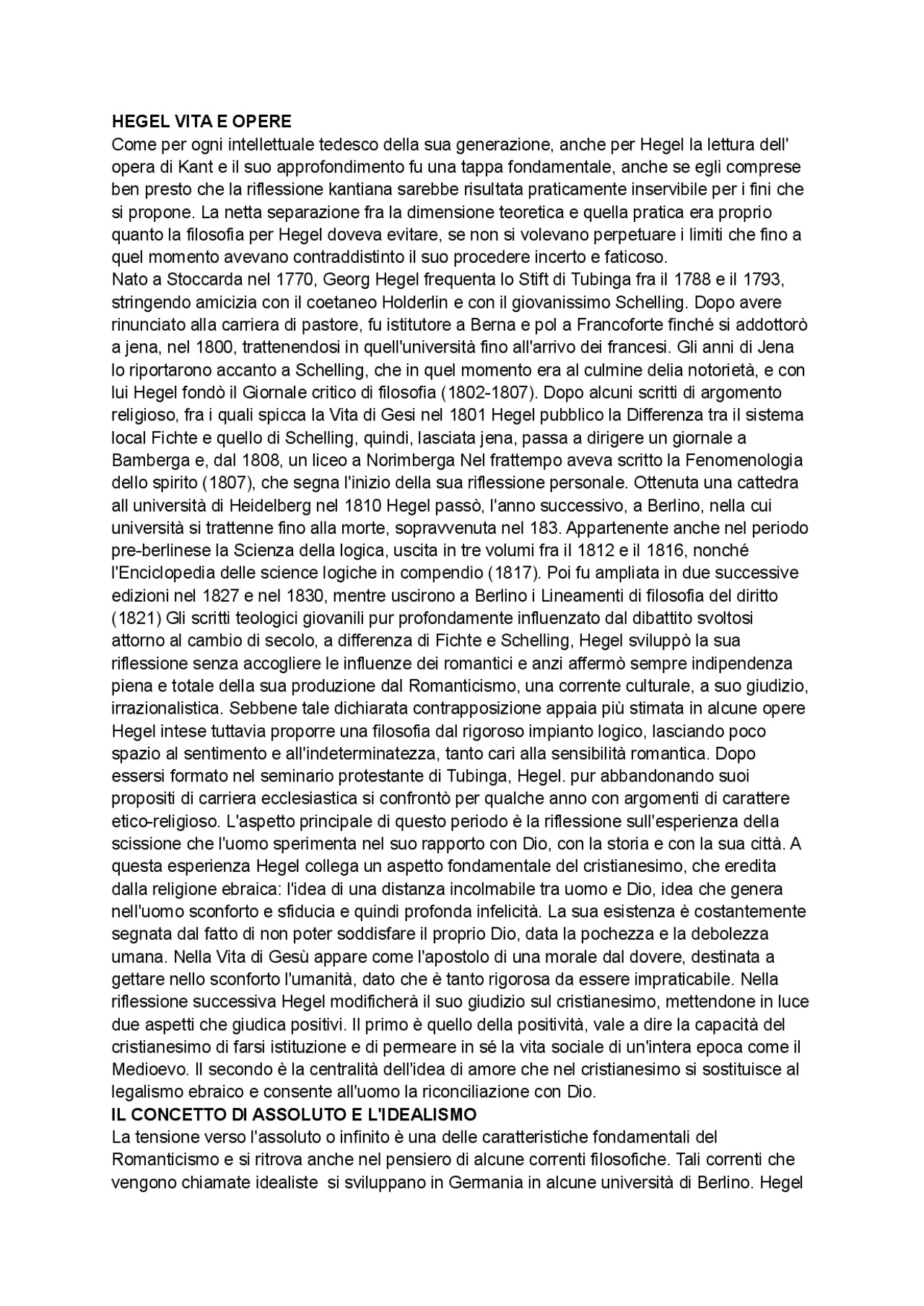 HEGEL: VITA, OPERE E PENSIERO FILOSOFICO | Appunti di Filosofia | Docsity