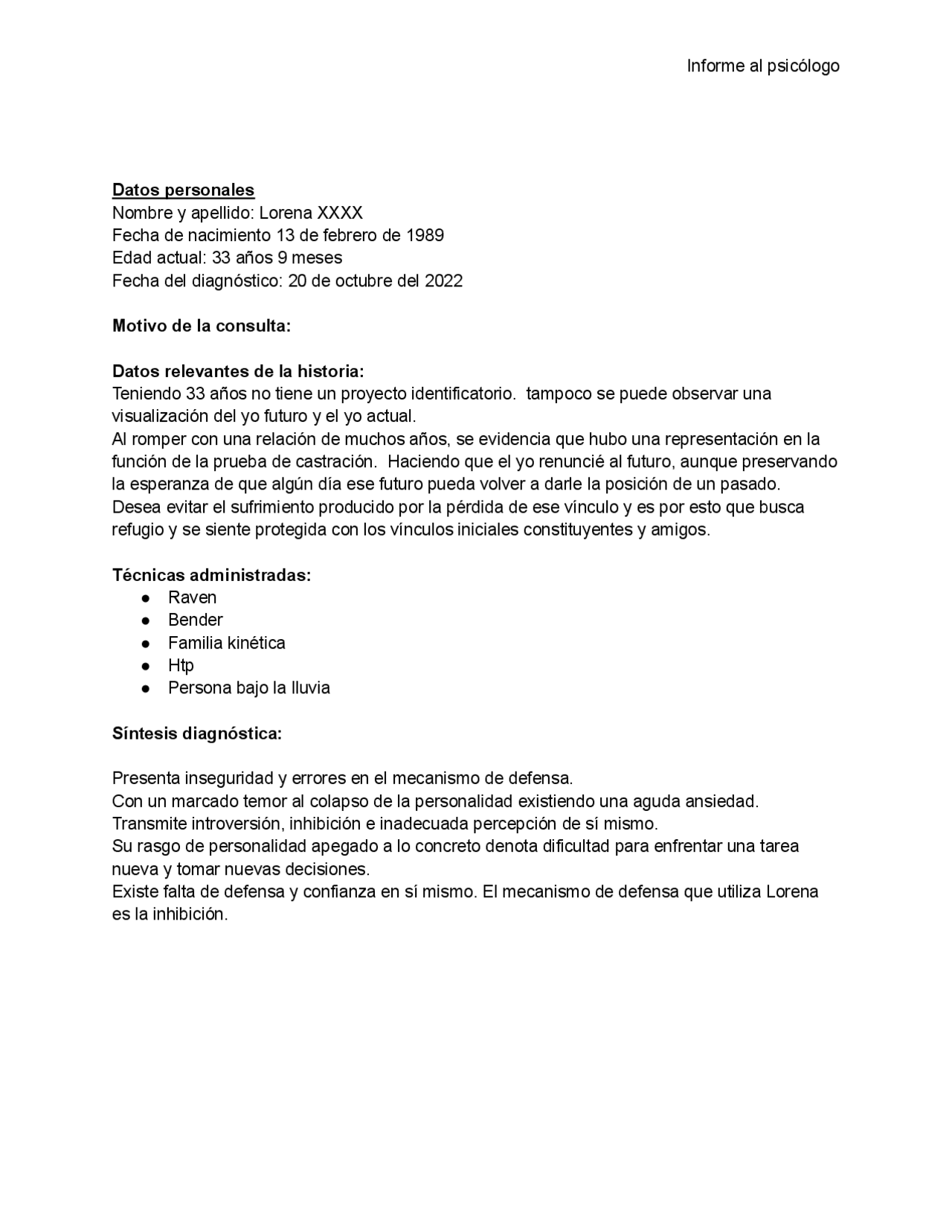 Informe Psicológico Resúmenes De Psicopatología Docsity