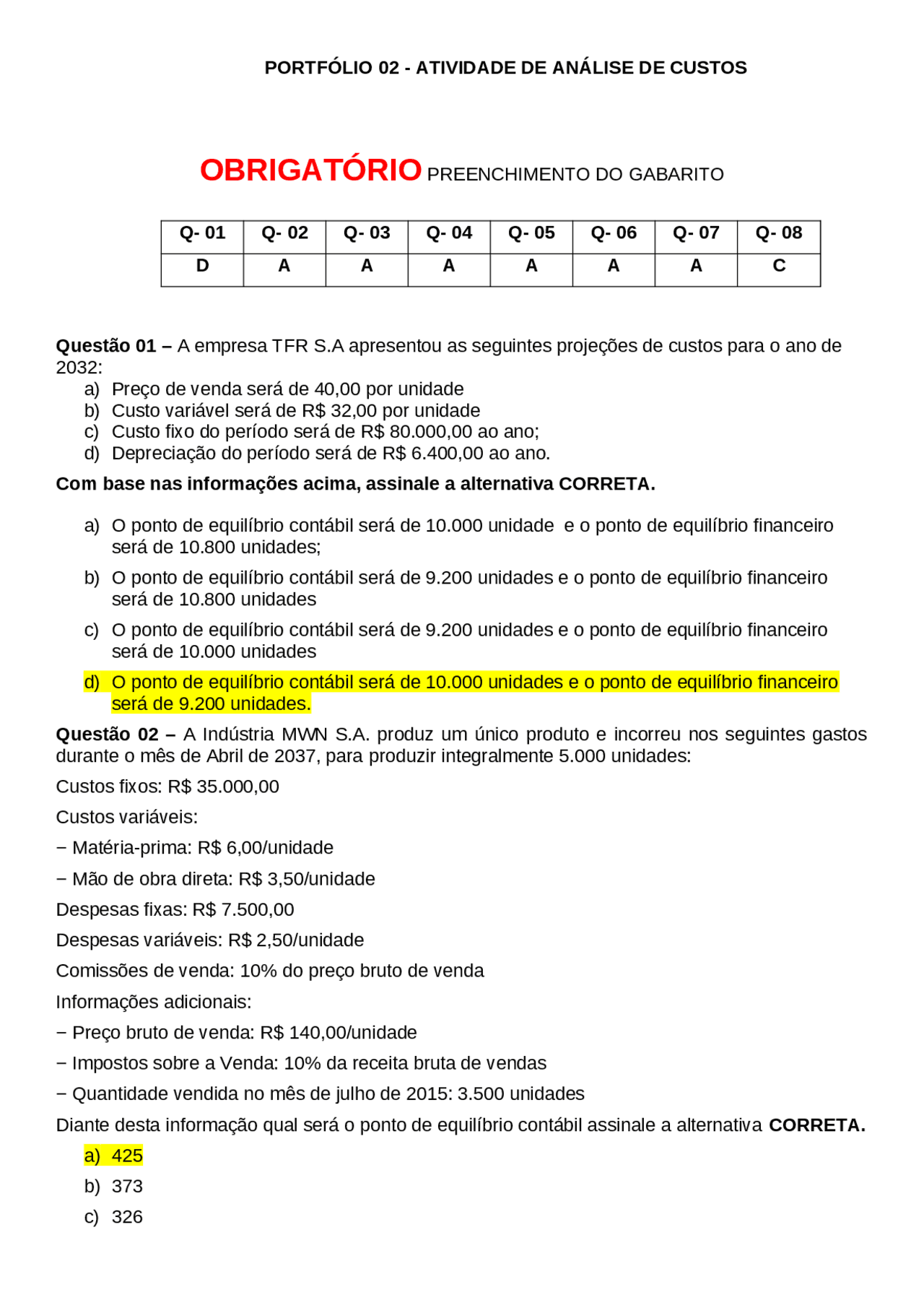 Atividade Gestão De Custos Exercícios Gestão De Custos Docsity