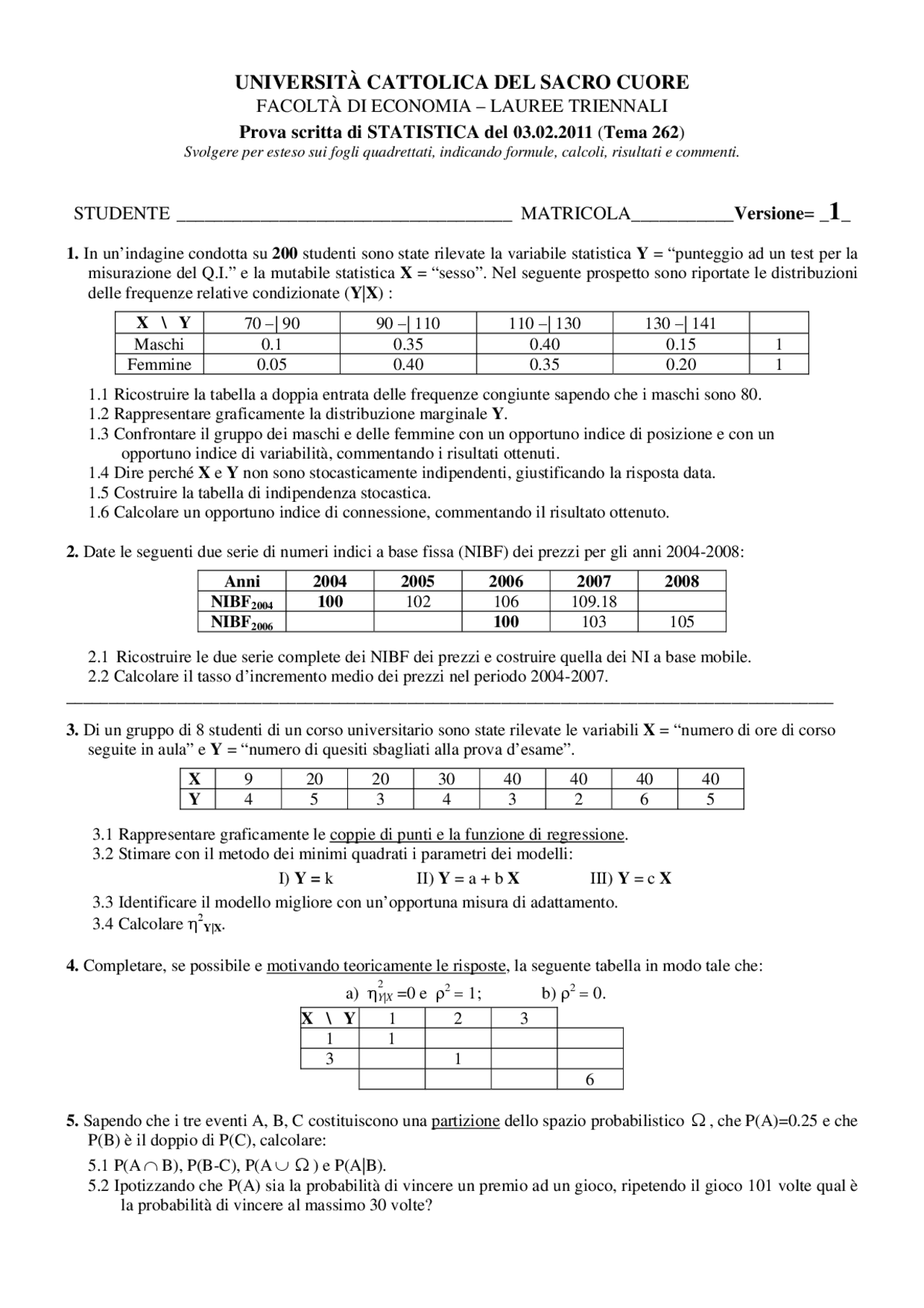 Esame Intero Di Statistica Prove Desame Di Statistica Docsity