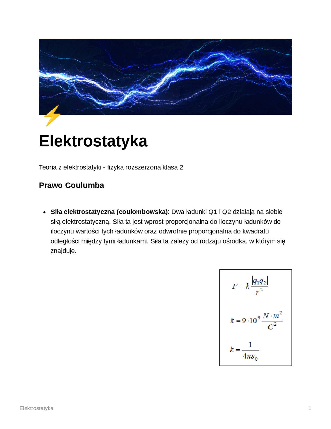 Elektrostatyka - fizyka rozszerzona | Notatki Fizyka | Docsity
