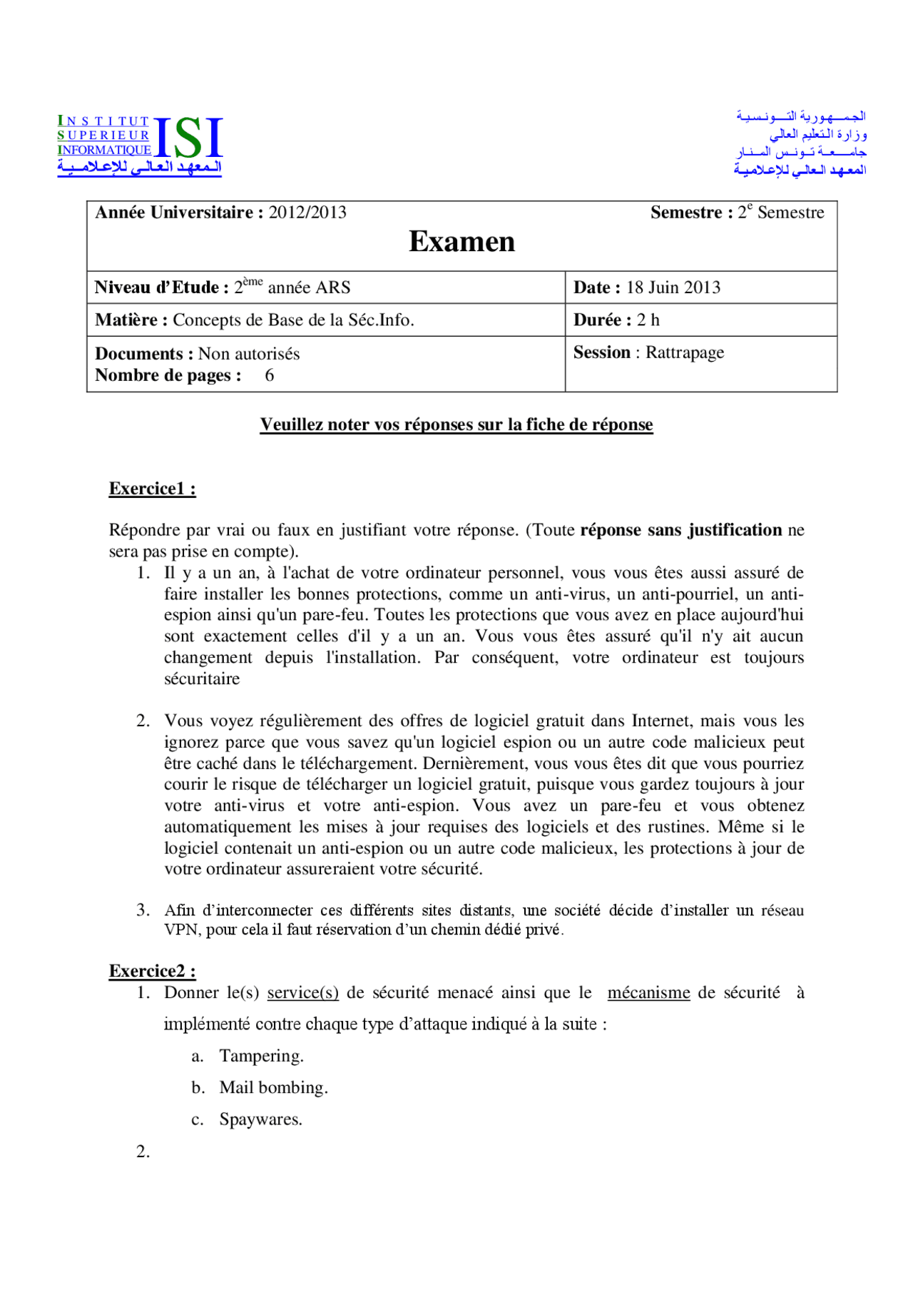 Examen Concepts De Base Sécurité Exams Information Systems Docsity