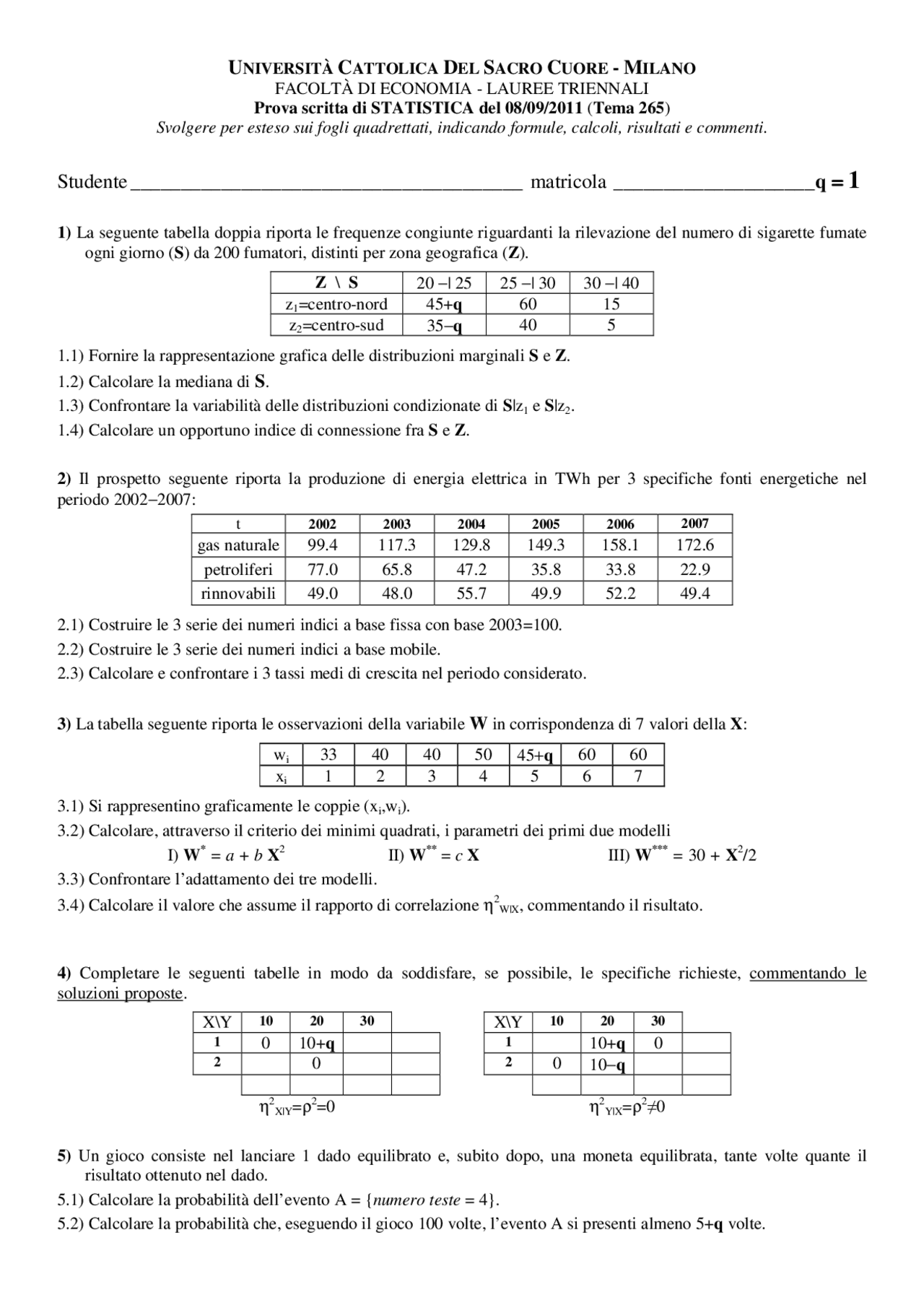 Esercizi di Statistica: Preparazione all'Esame (Università Cattolica) | Prove d'esame di ...