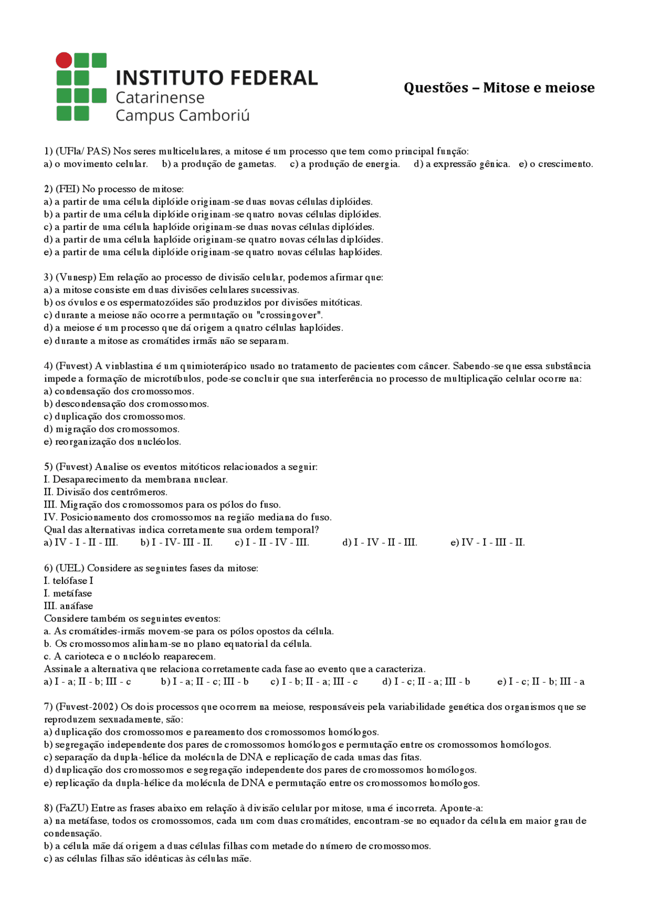 Lista De Exercícios Mitose E Meiose Exercícios Biologia Docsity
