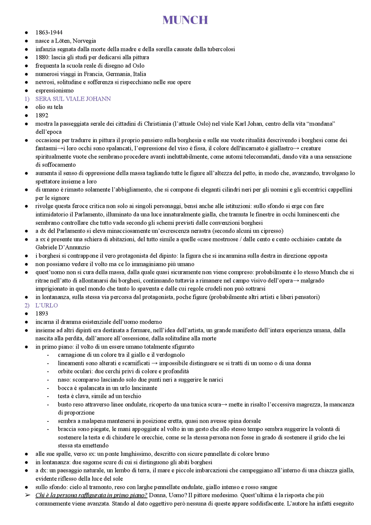 EDVARD MUNCH e opere | Appunti di Elementi di storia dell'arte ed espressioni grafiche | Docsity