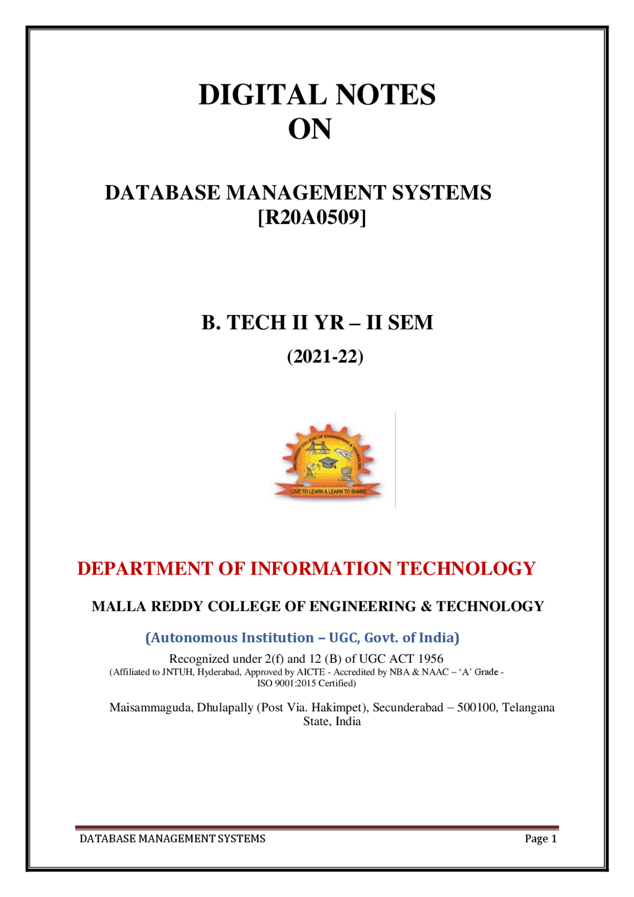 Database Management System Lecture Notes Database Management Systems