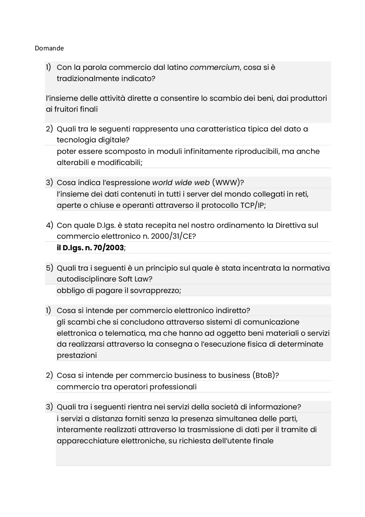 Test Diritto Del Commercio Elettronico Esercizi Di Diritto Docsity