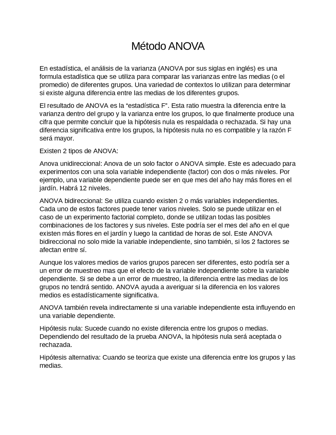 Resumen método ANOVA | Resúmenes de Bioestadística | Docsity