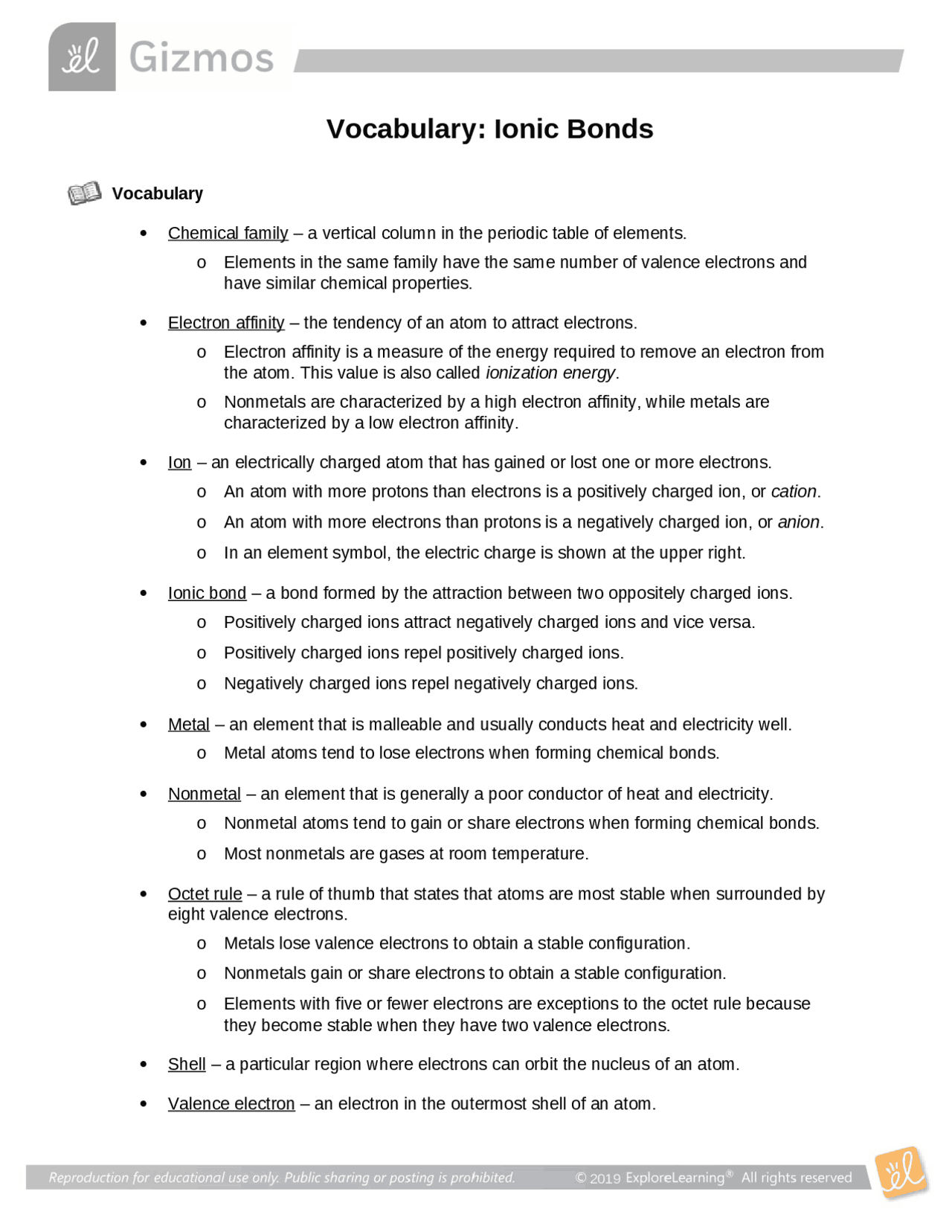 Iconic bonds worksheet | Cheat Sheet Earth science | Docsity
