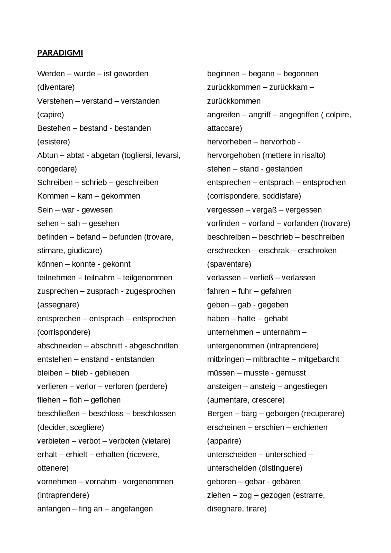 Paradigmi Verbi Irregolari Appunti Di Tedesco Docsity
