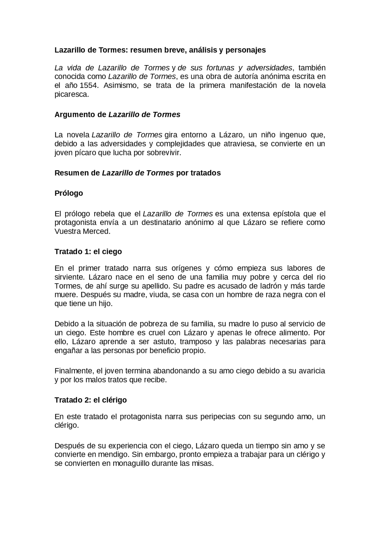 Lazarillo de tormes resumen | Apuntes de Literatura Universal | Docsity