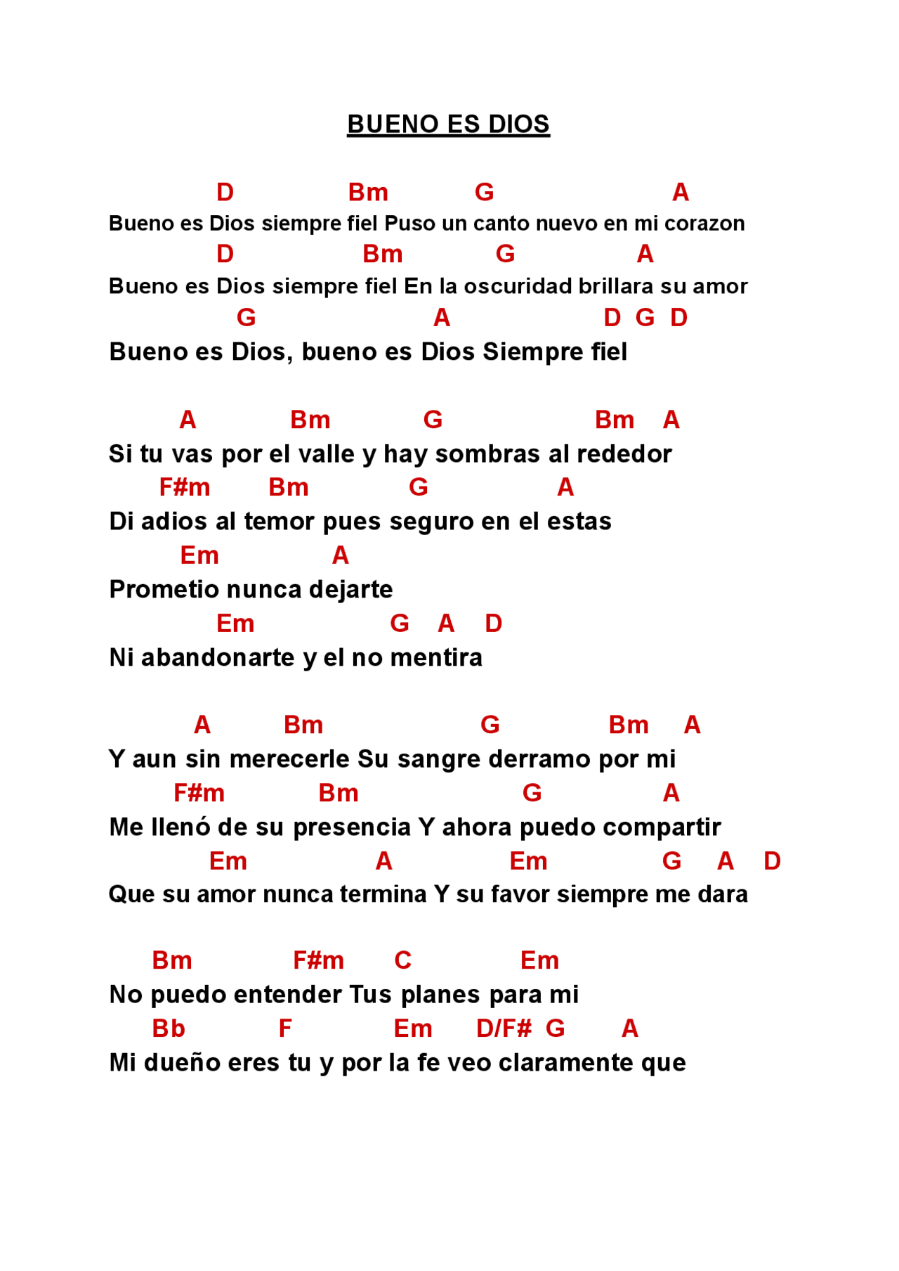 Canción bueno es Dios acordés de música | Resúmenes de Música | Docsity