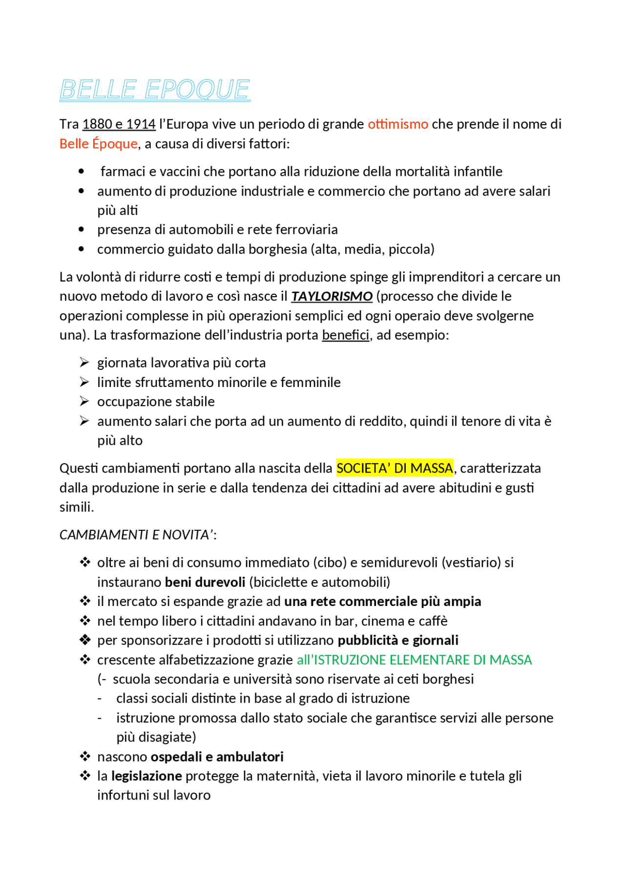 LA BELLE EPOQUE - introduzione | Appunti di Storia | Docsity