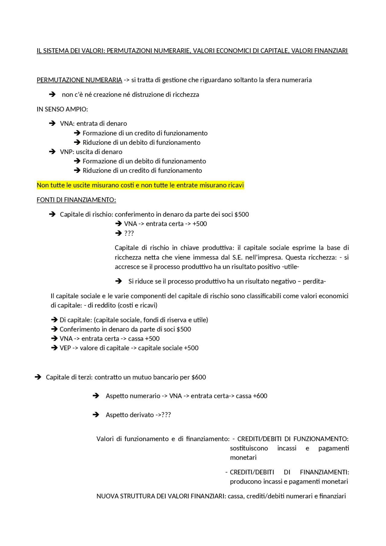 IL SISTEMA DEI VALORI | Appunti di Economia Aziendale | Docsity