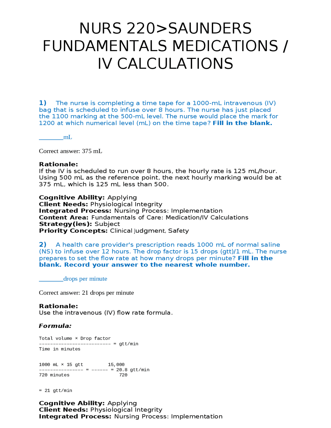 Nurs 220saunders Fundamentals Medications Iv Calculations Exams