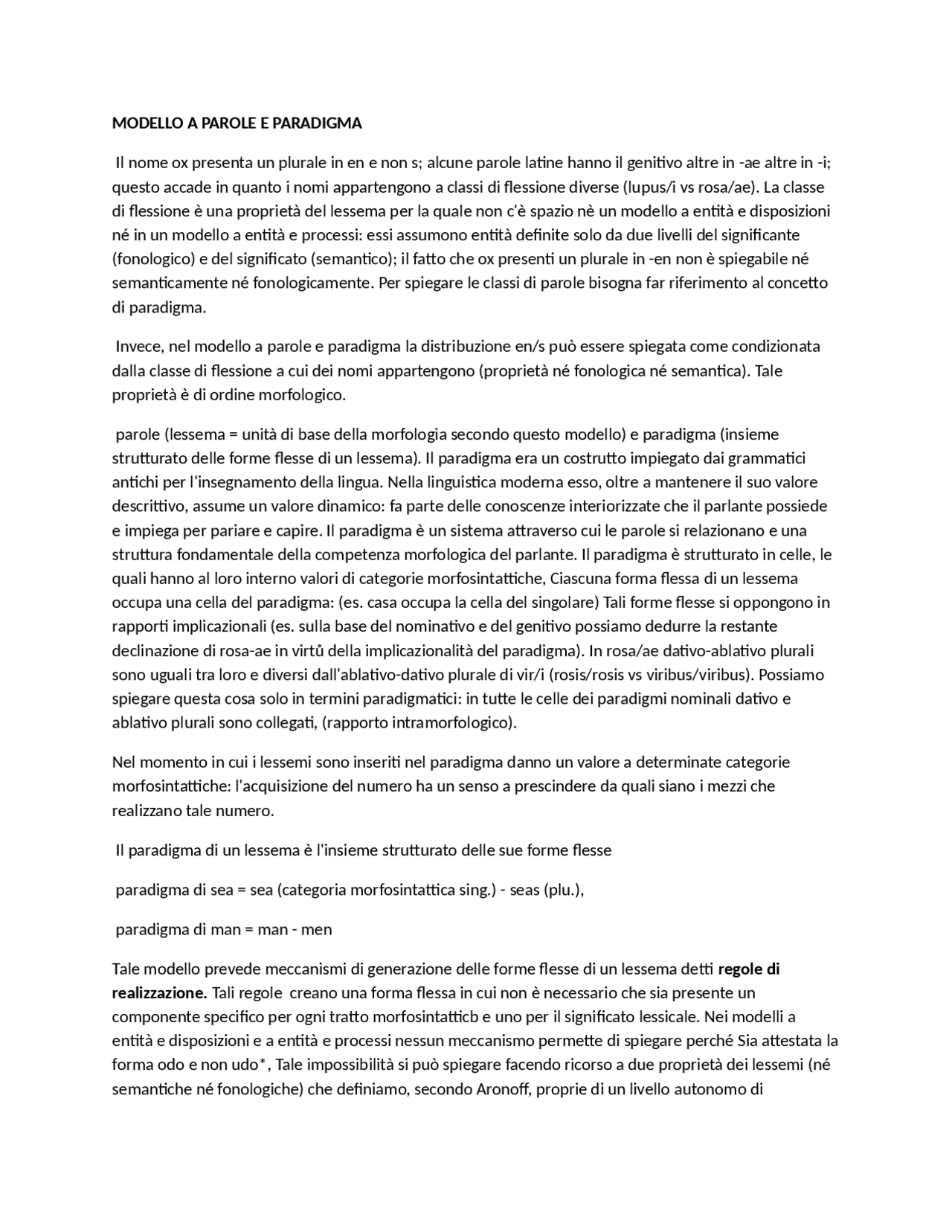 MODELLO PAROLE E PARADIGMA | Schemi e mappe concettuali di Morfologia e Sintassi | Docsity