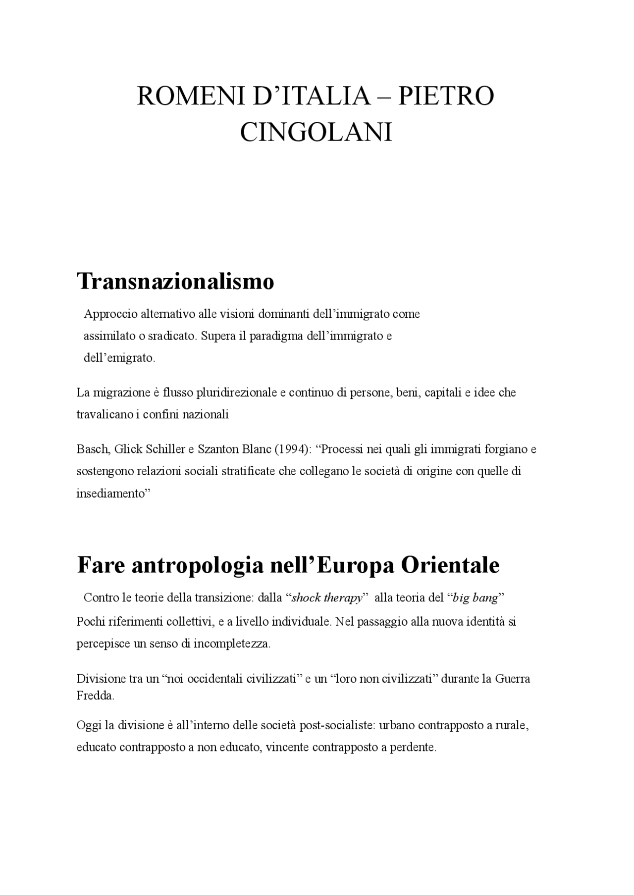 ROMENI D’ITALIA – PIETRO CINGOLANI | Sintesi del corso di Storia | Docsity