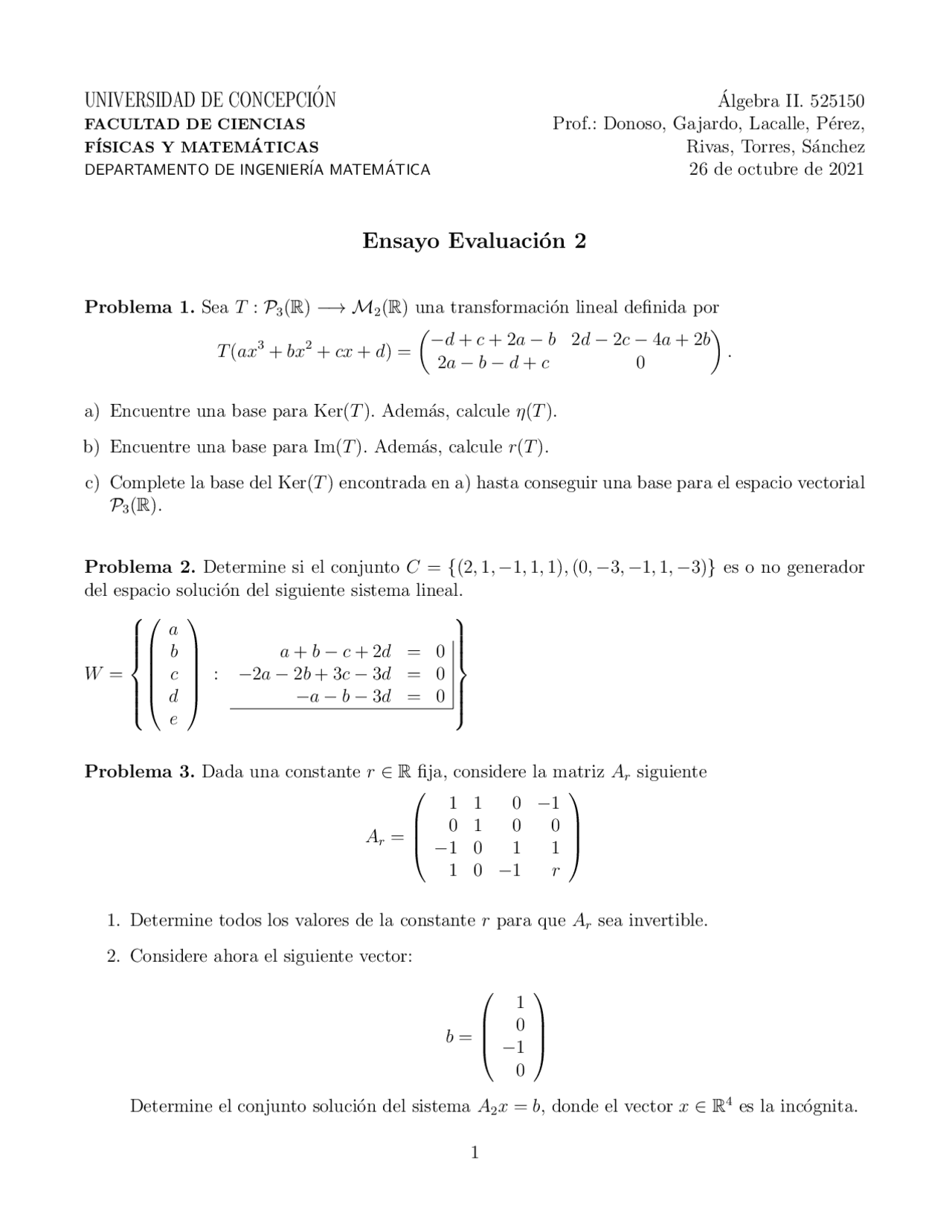 Evaluacion 1 Algebra 2 Lineal Exámenes De Álgebra Lineal Docsity
