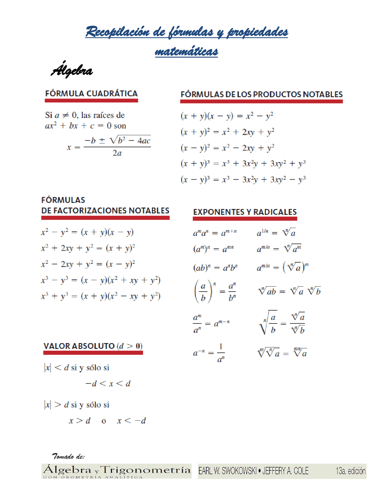 Formulas generales de matematicas | Ejercicios de Matemáticas | Docsity