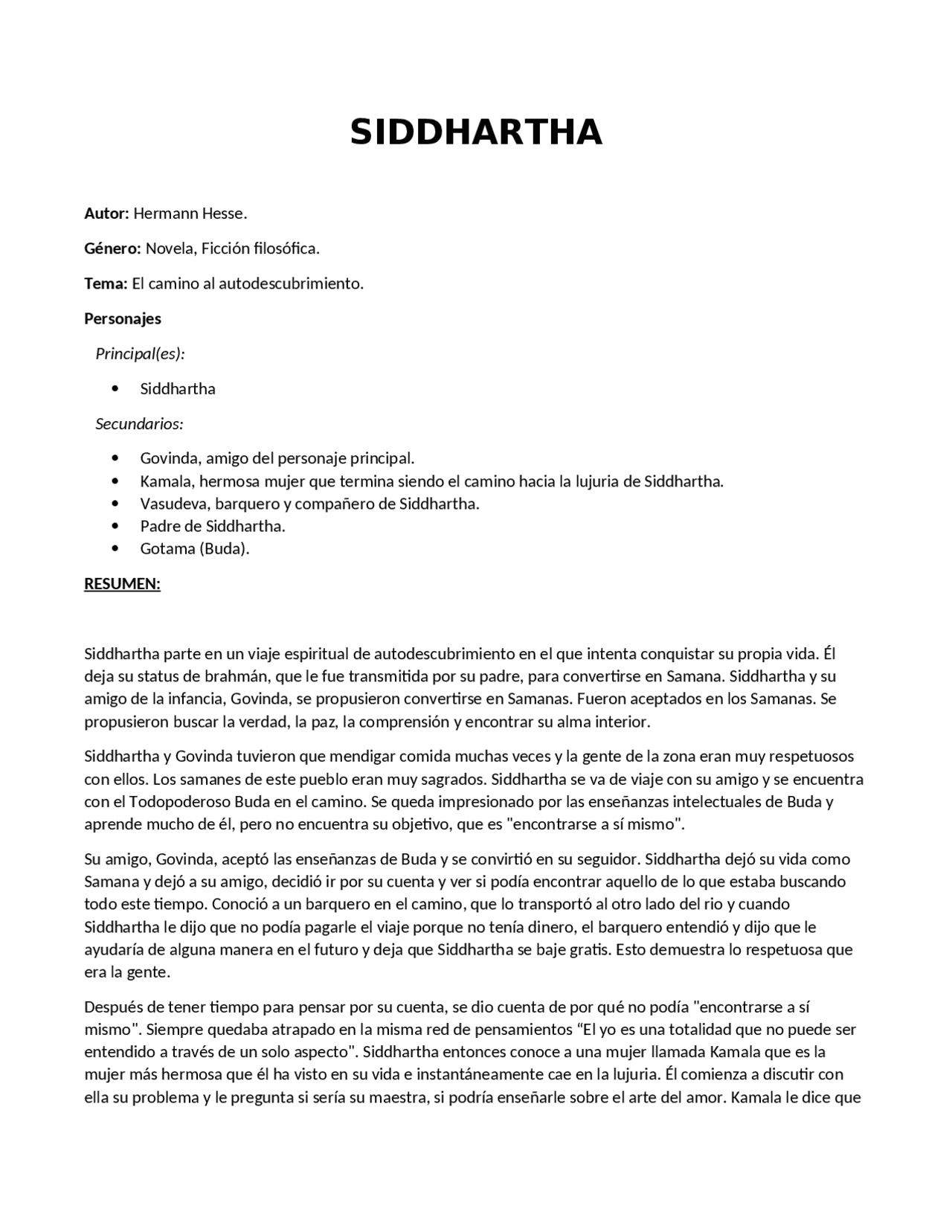 Siddhartha: ficha de análisis | Resúmenes de Literatura Universal | Docsity