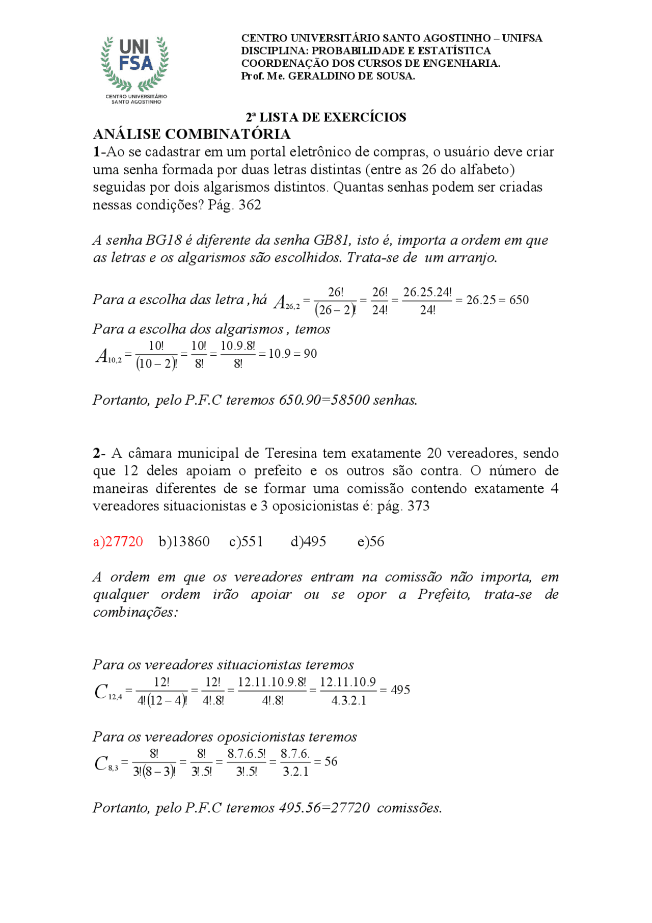 2° Lista de Exercícios de Probabilidade Resolvida | Exercícios ...