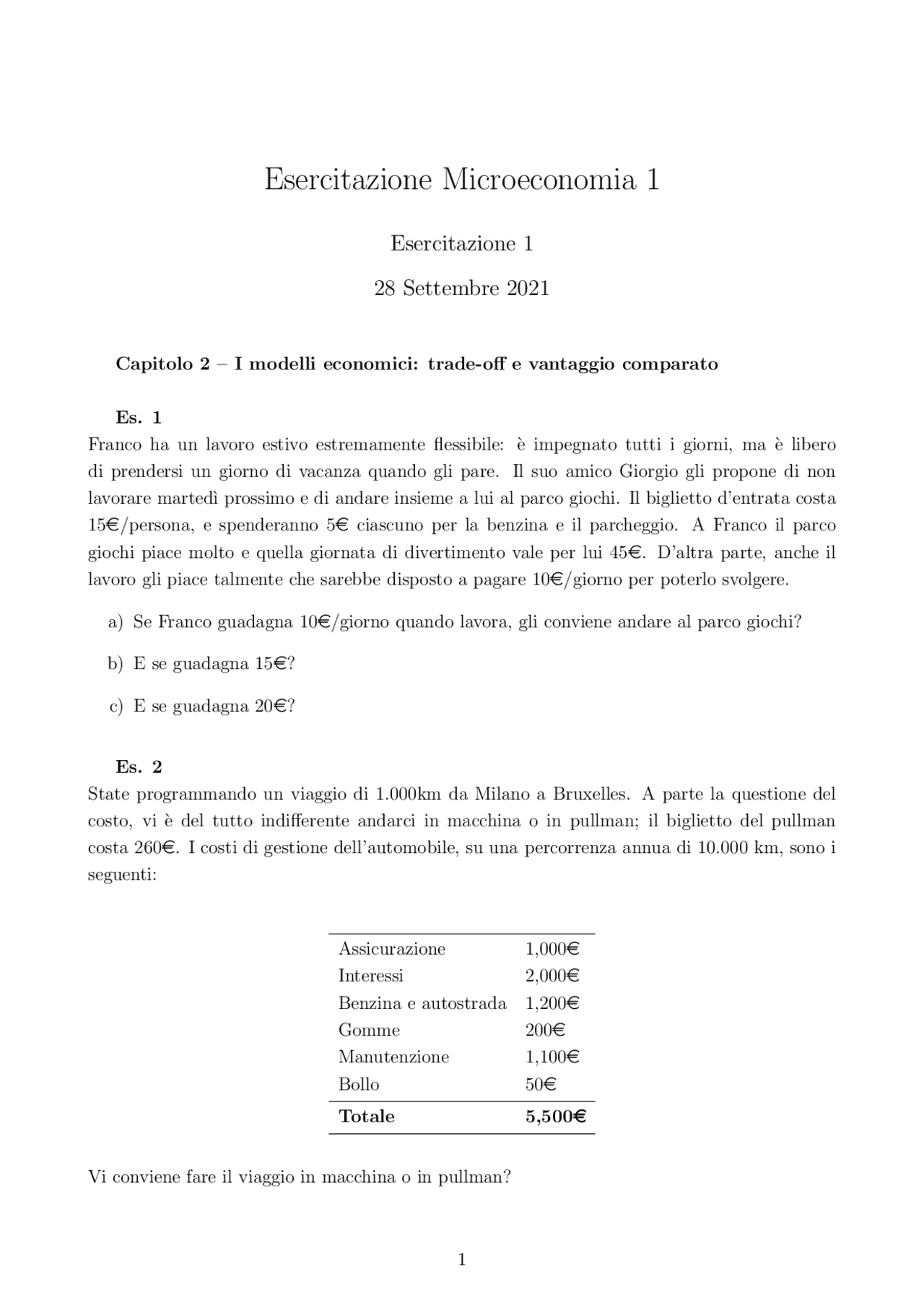 Testo Esercizio Di Microeconomia Esercizi Di Microeconomia Docsity