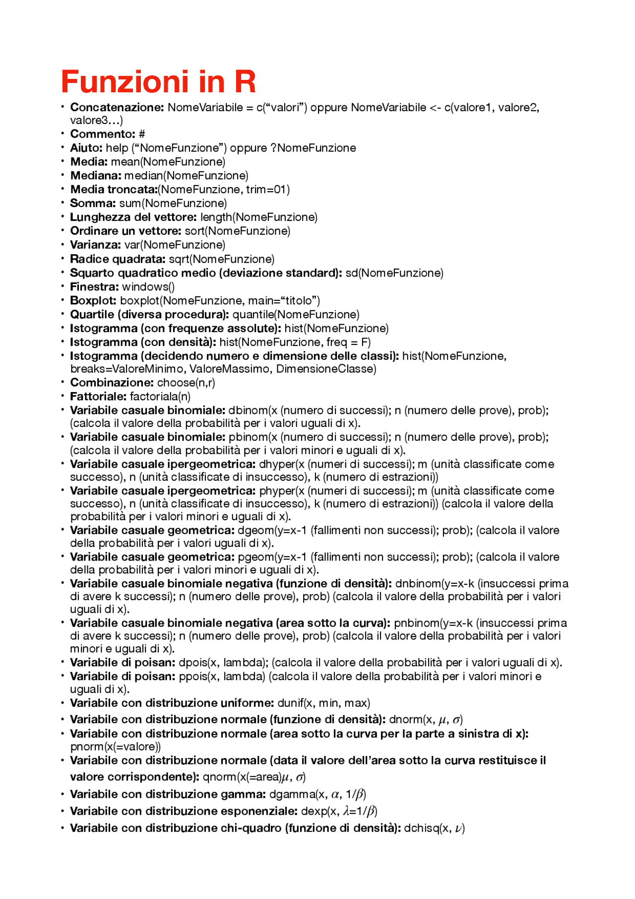 Formule principali per l'utilizzo del programma R. | Appunti di Statistica | Docsity