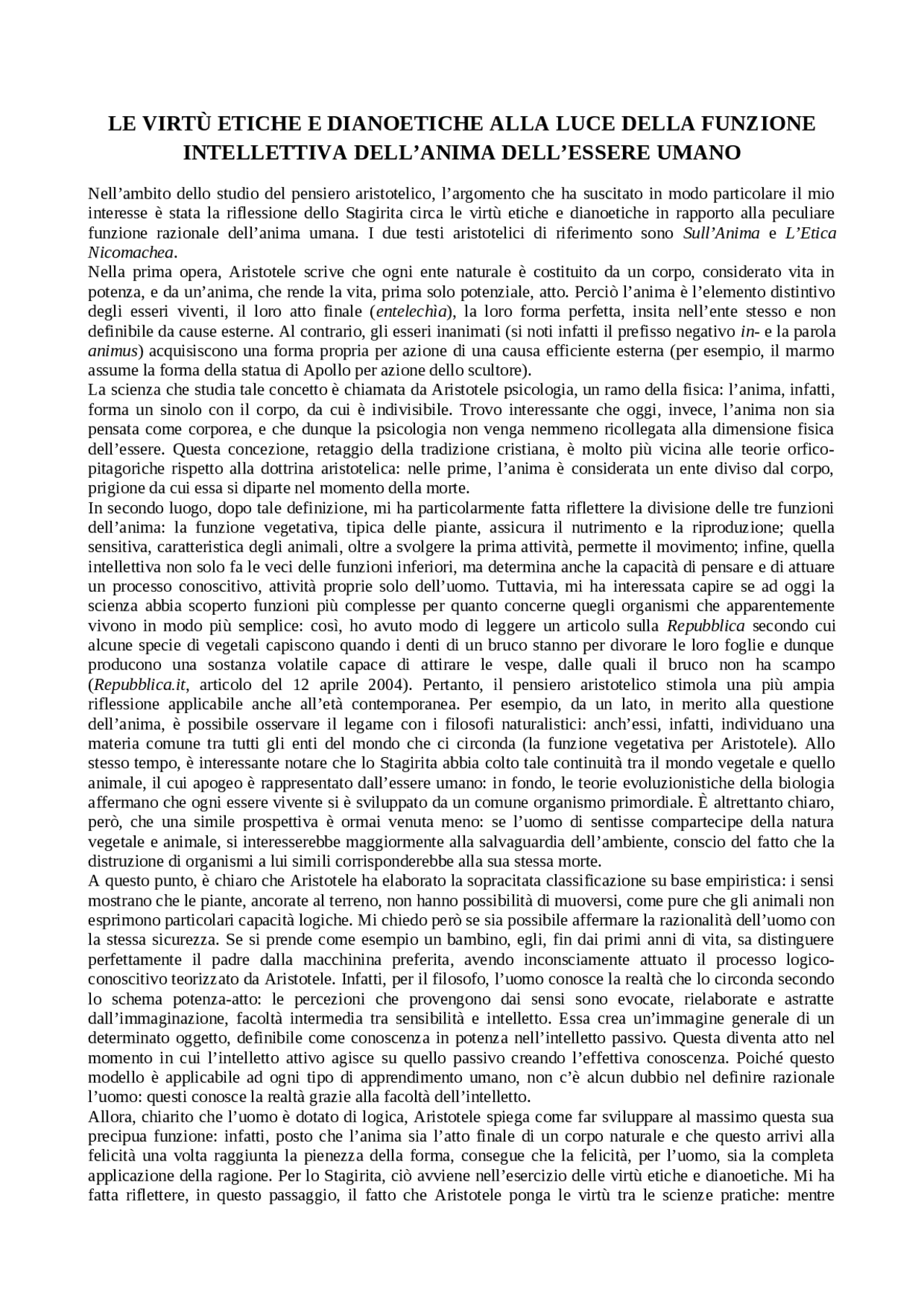 Aristotele, l'anima e l'etica | Dispense di Filosofia | Docsity