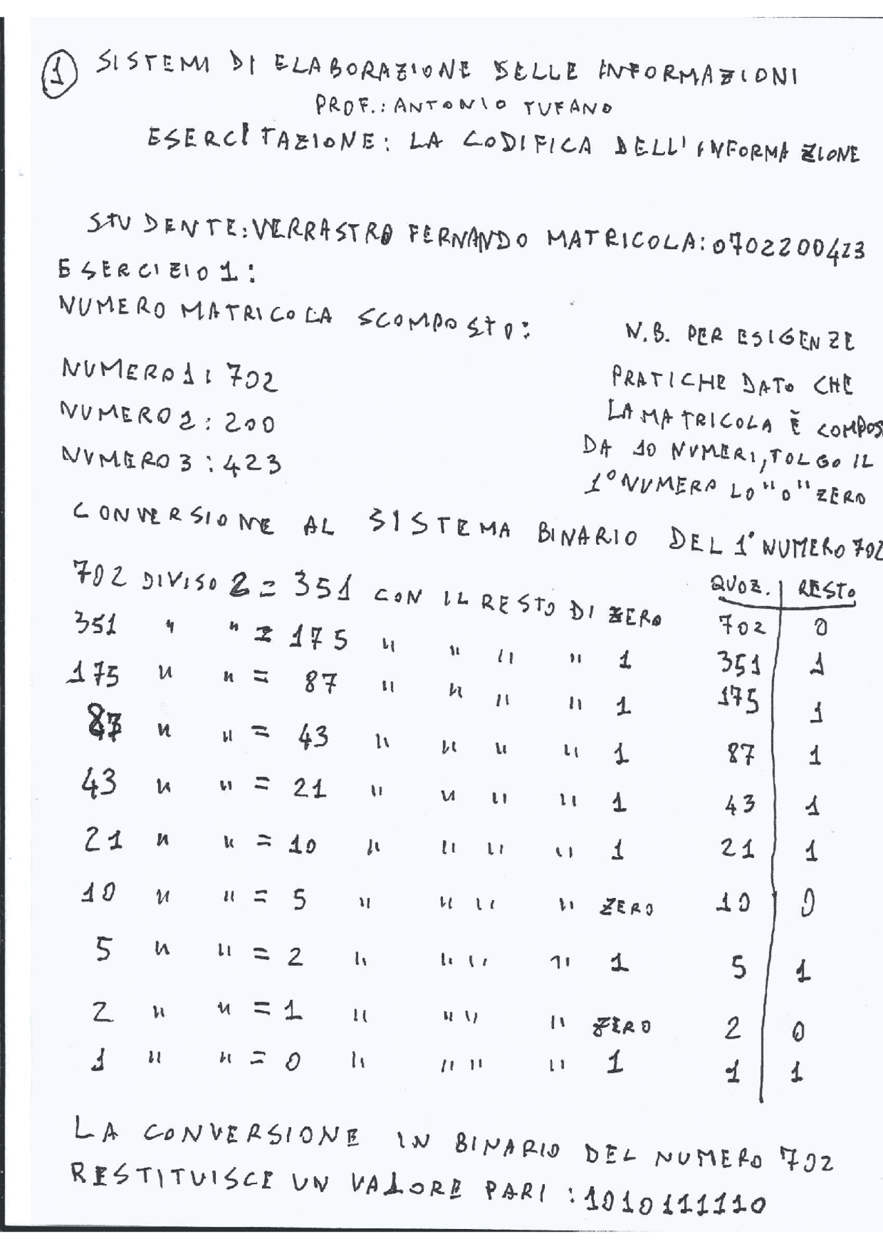 Esercitazione la codifica dell'informazione Elaborato 1(CORRETTO E SUPERATO) | Esercizi di ...