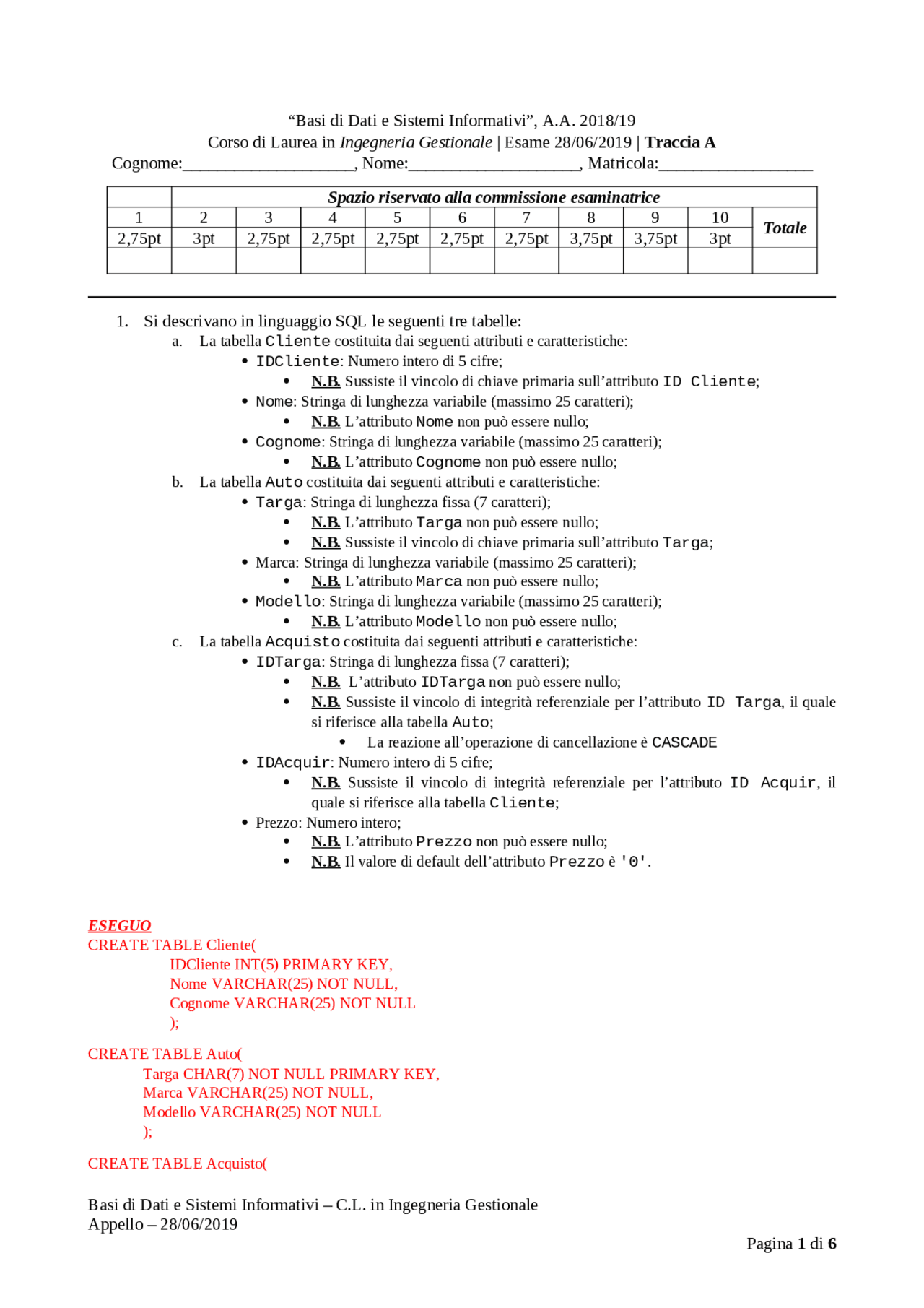 Prova Desame Basi Di Dati Prove Desame Di Basi Di Dati Docsity
