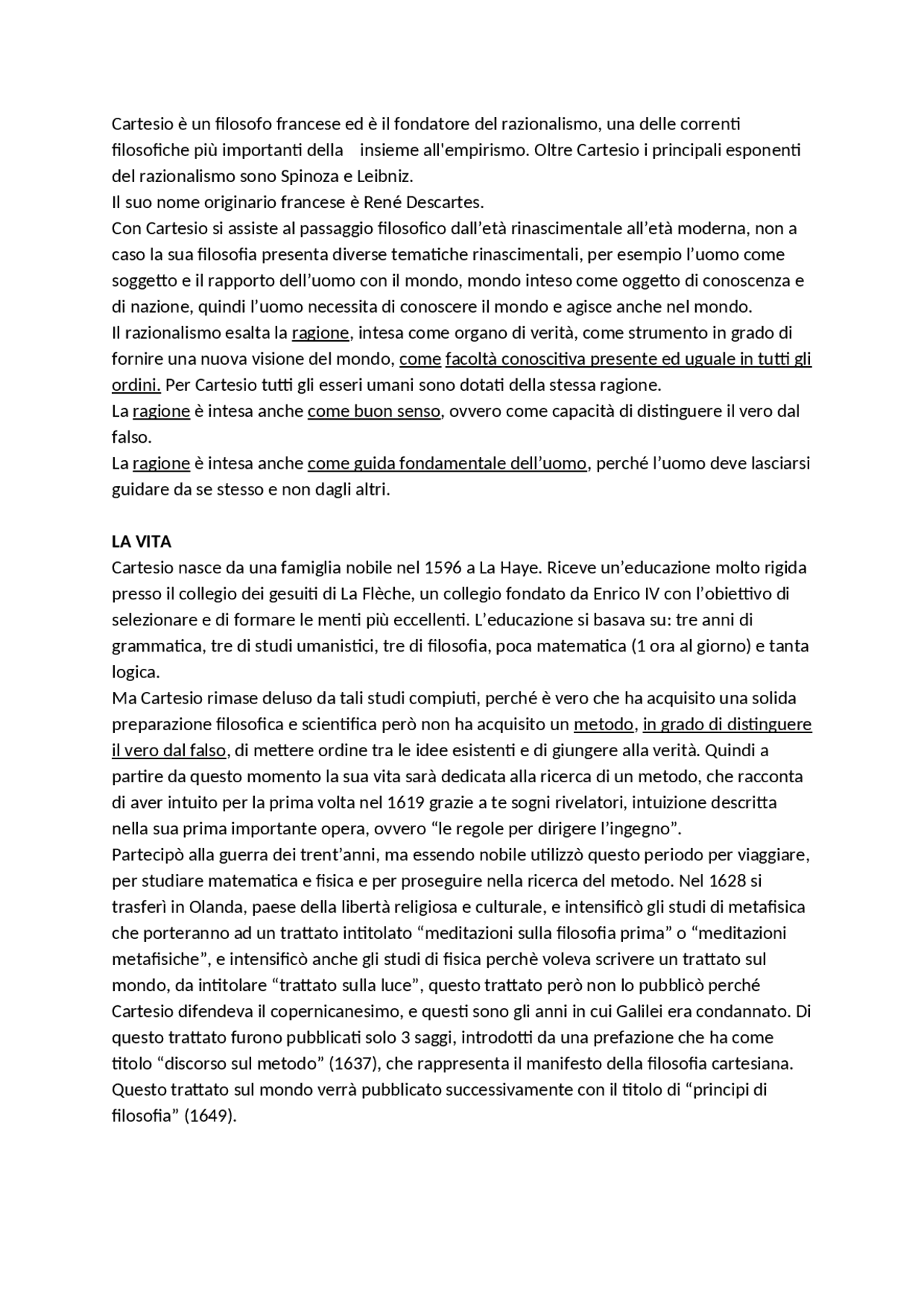 Cartesio Vita E Opere Appunti Di Filosofia Docsity