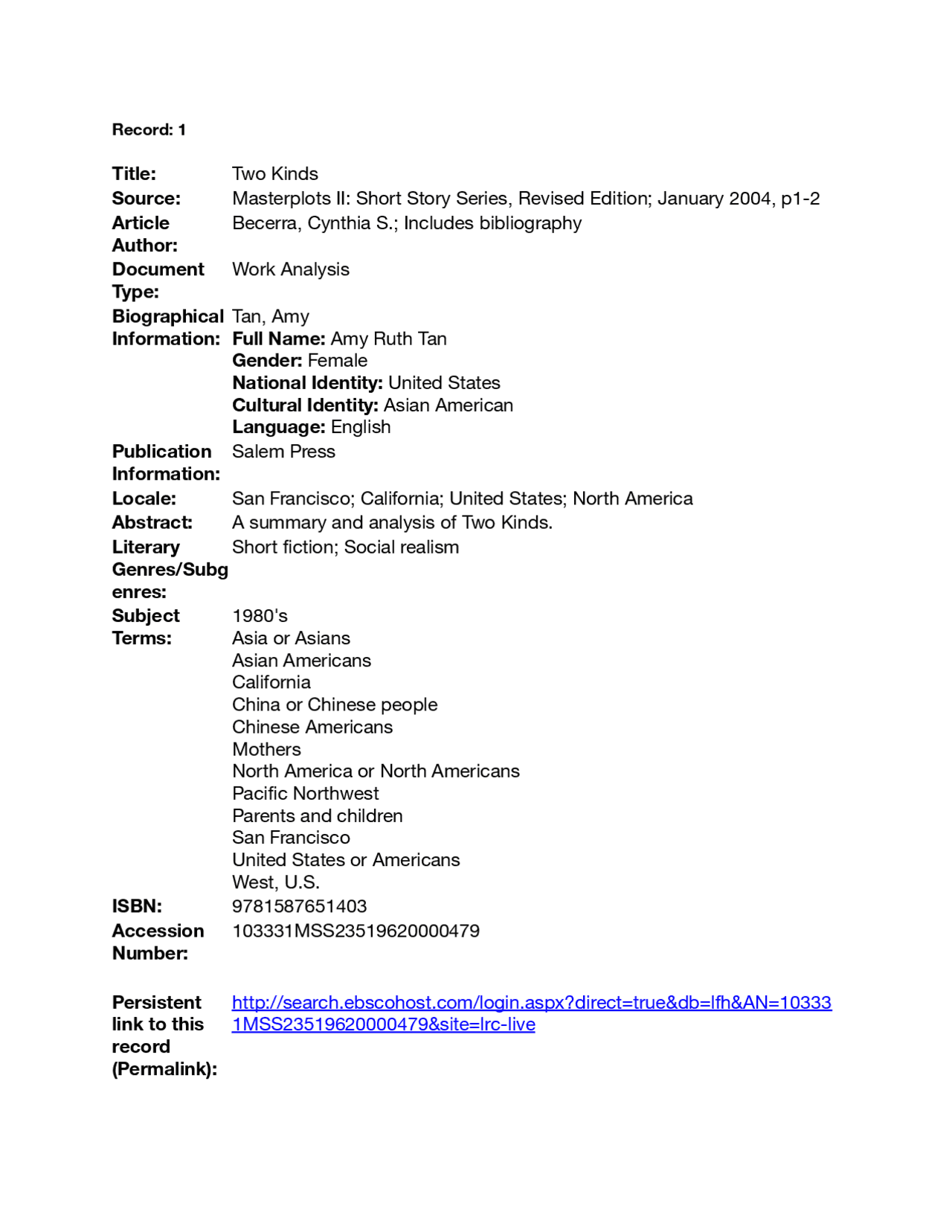 Two Kinds Summary for Students | Summaries English | Docsity