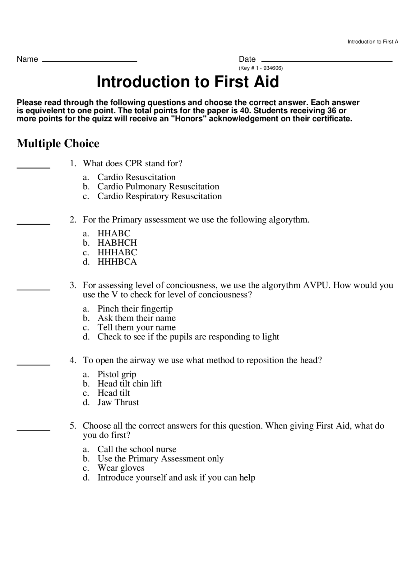 Introduction to First Aid | Summaries Biological Systems | Docsity