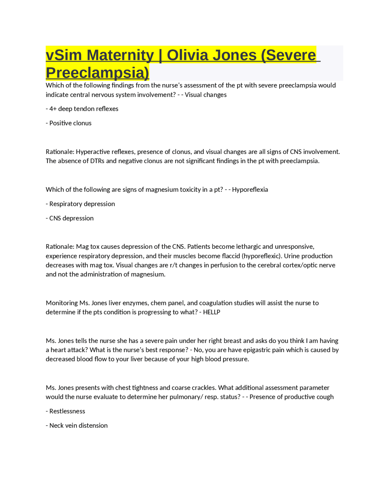 VSim Maternity | Olivia Jones (Severe Preeclampsia) | Exams Nursing ...