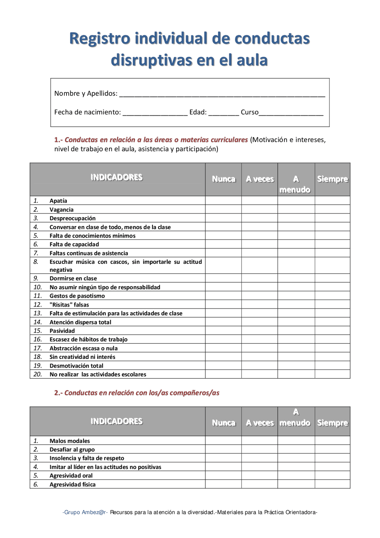 Registro individual de conductas disruptivas en el aula | Guías ...