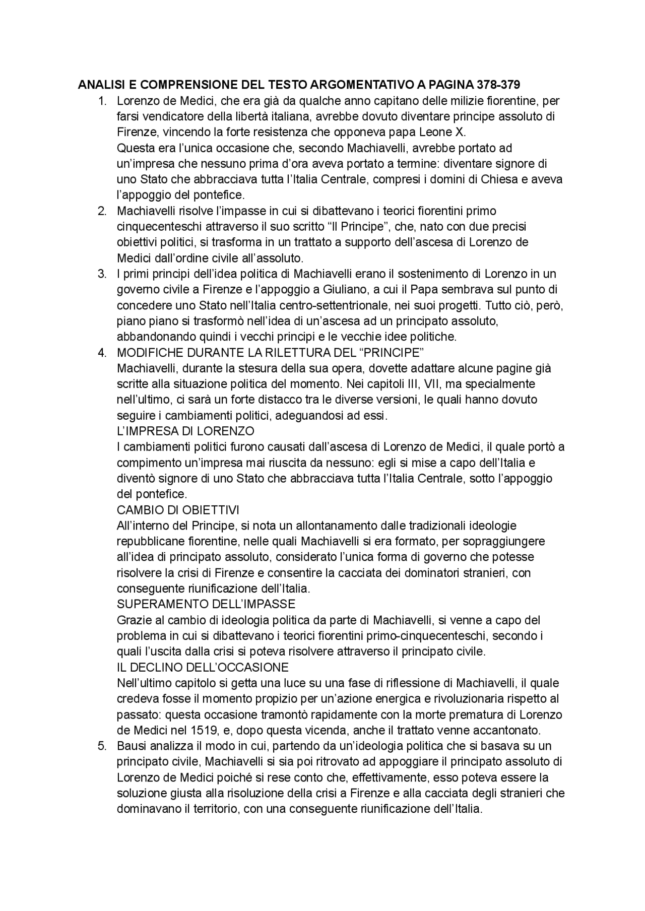 Esercizi di un testo argomentativo su Lorenzo de Medici di Bausi ...