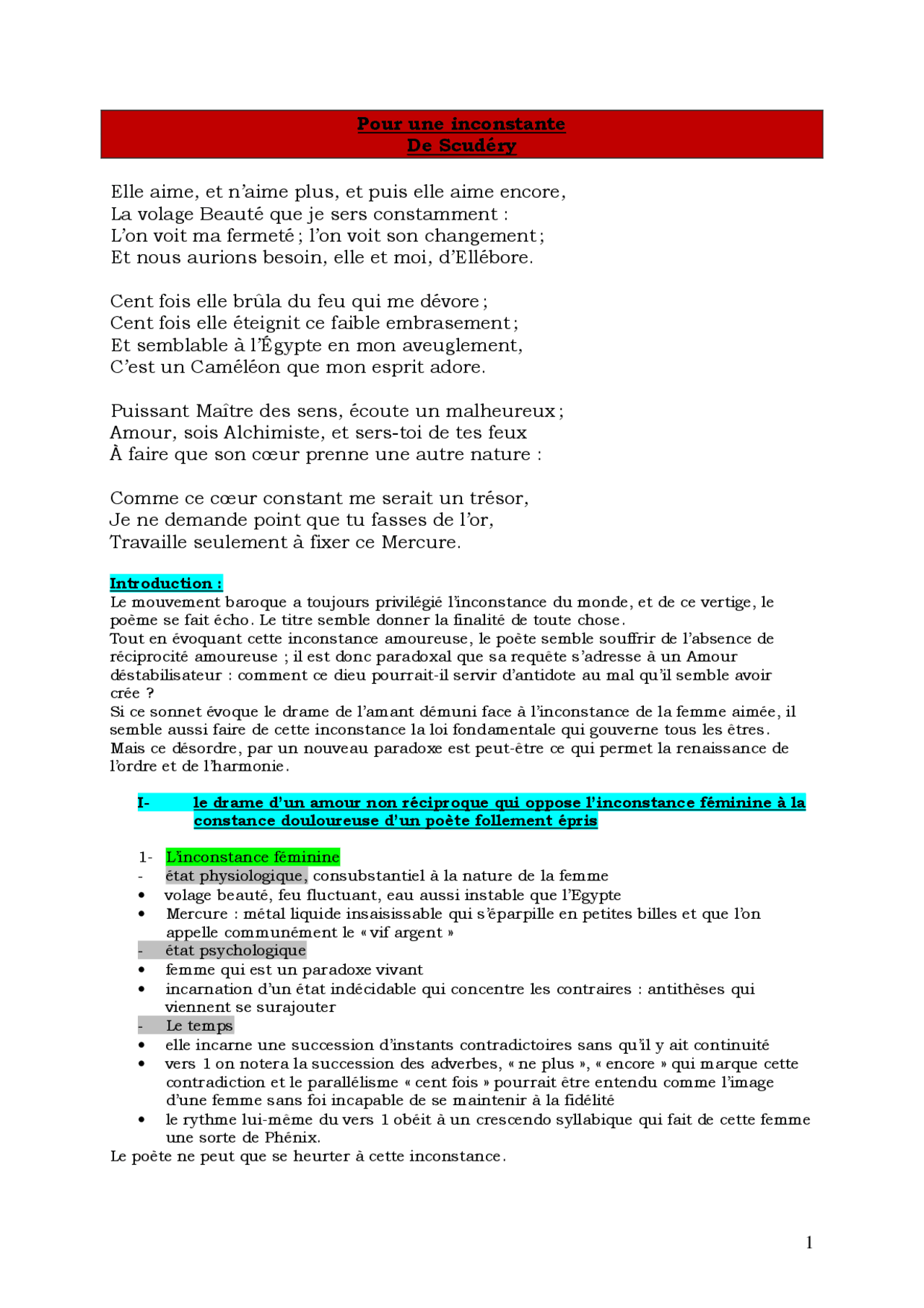 Pour Une Constante Scudery Exercices Français Docsity