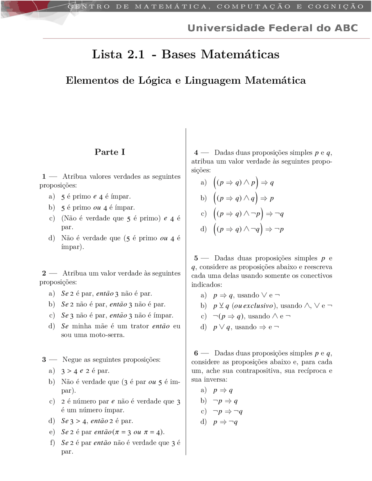 Exercicios de Lógica | Exercícios Matemática | Docsity