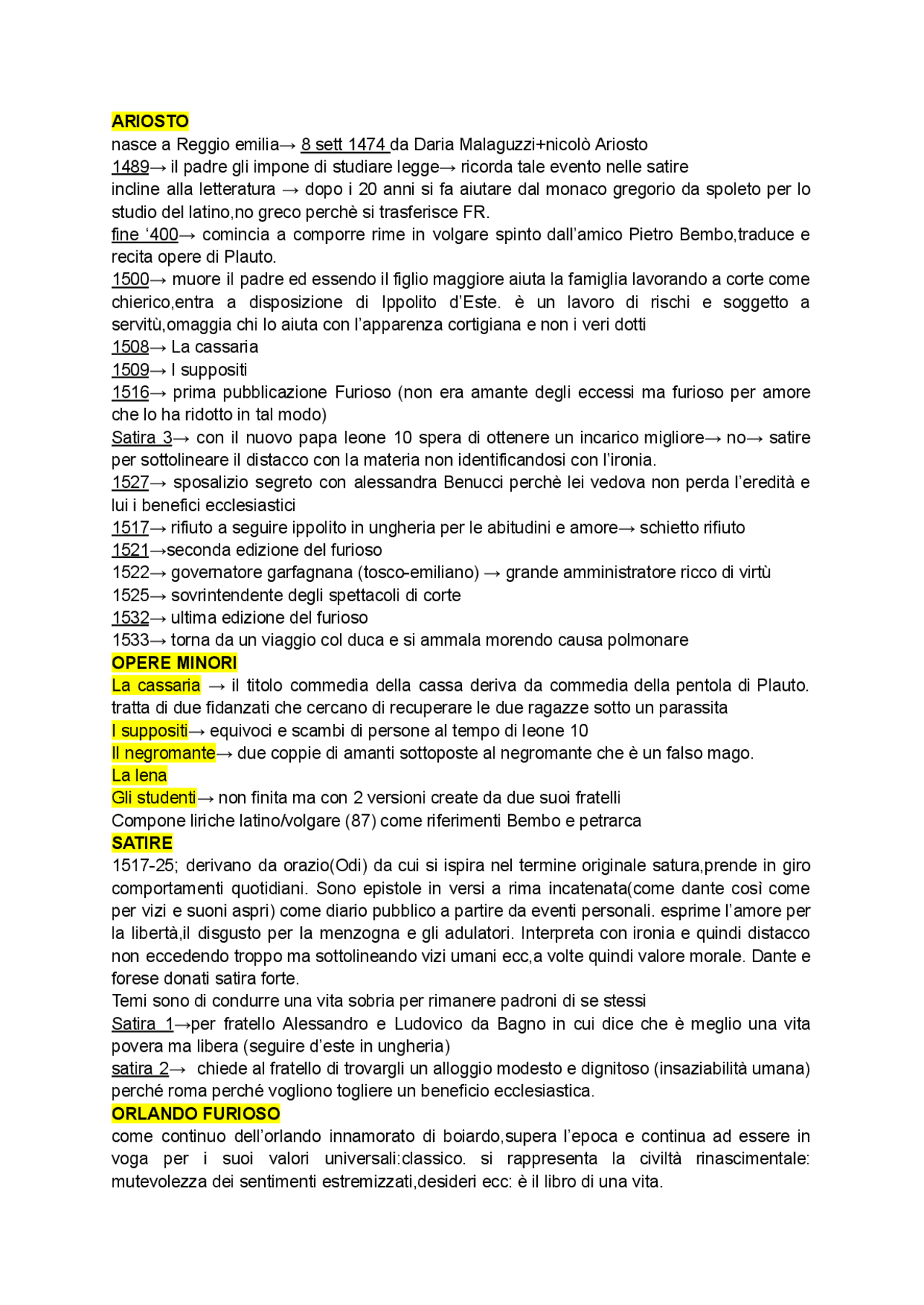 Sintesi Ariosto E Tasso Schemi E Mappe Concettuali Di Italiano Docsity