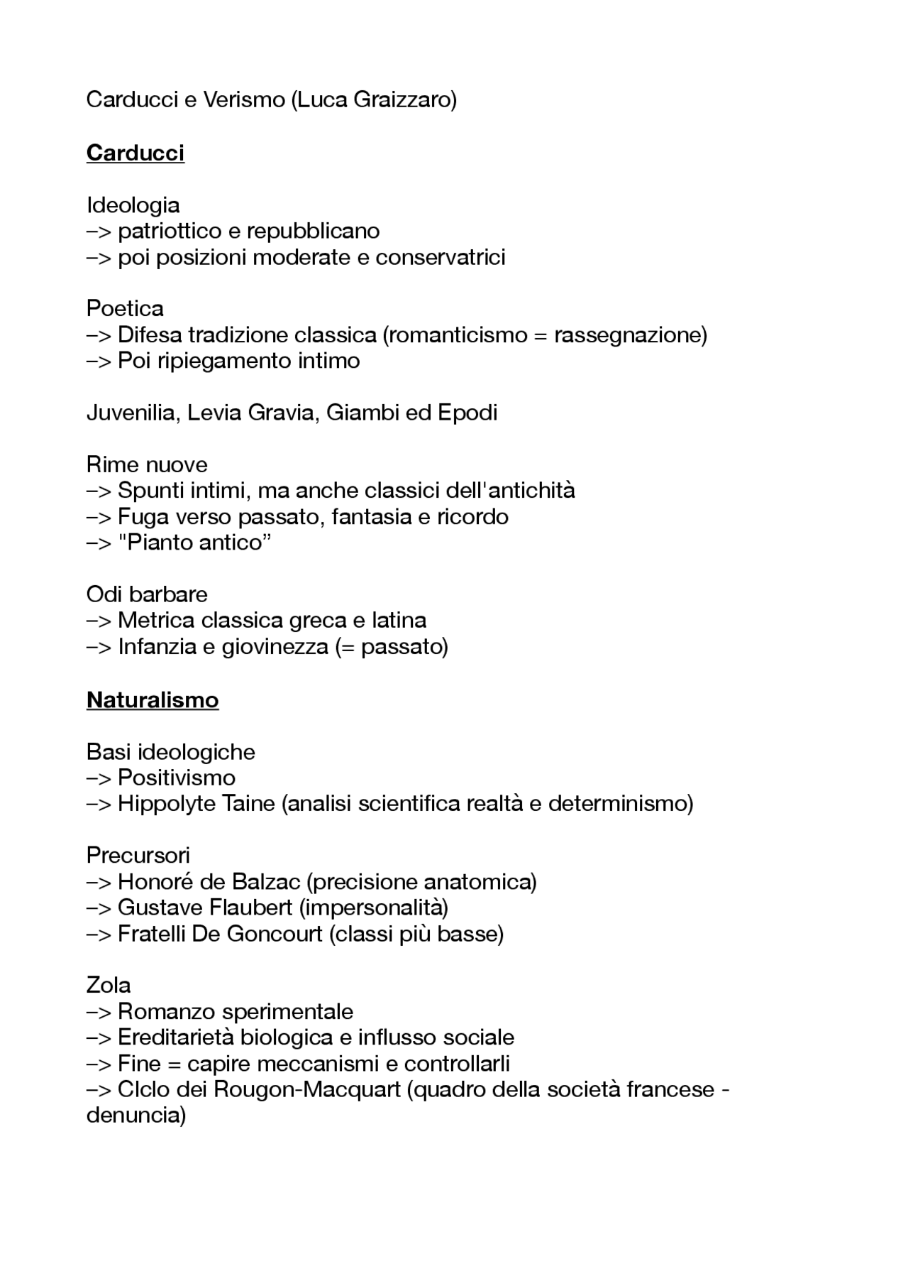 Riassunto Carducci e Verismo | Schemi e mappe concettuali di Italiano | Docsity
