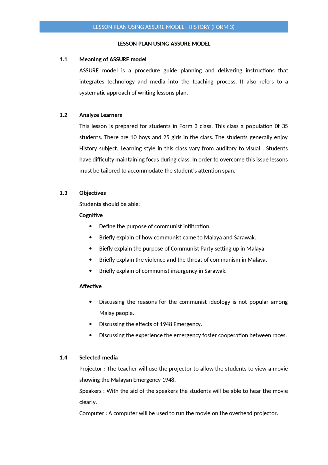 Assure Model Lesson Plan Sample