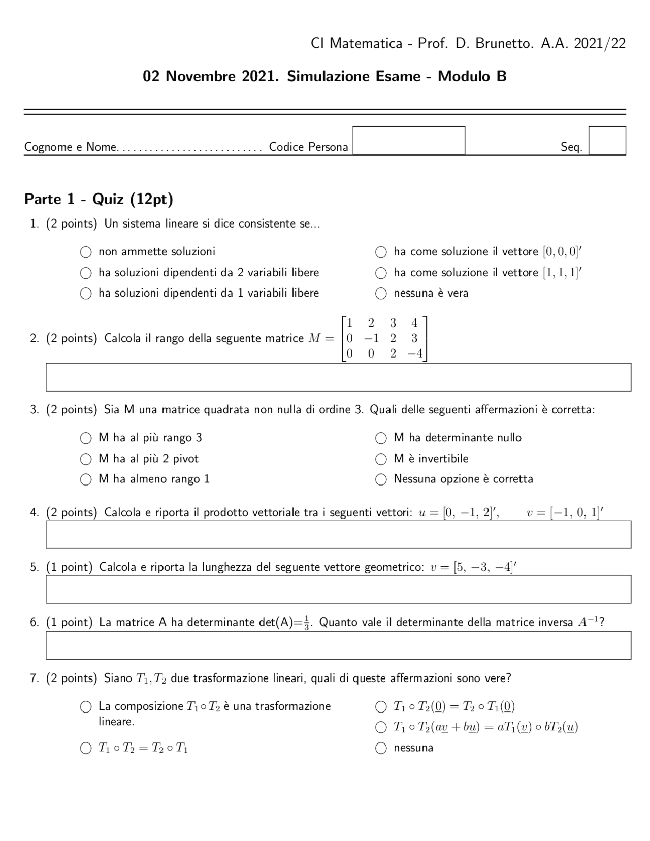 Prova d'esame modulo b | Prove d'esame di Matematica Generale | Docsity