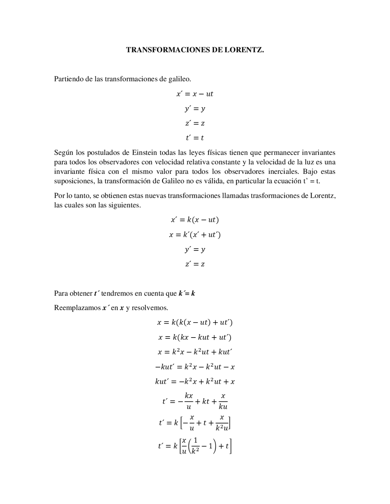 TRANSFORMACIONES DE LORENTZ | Ejercicios de Física Matemática | Docsity