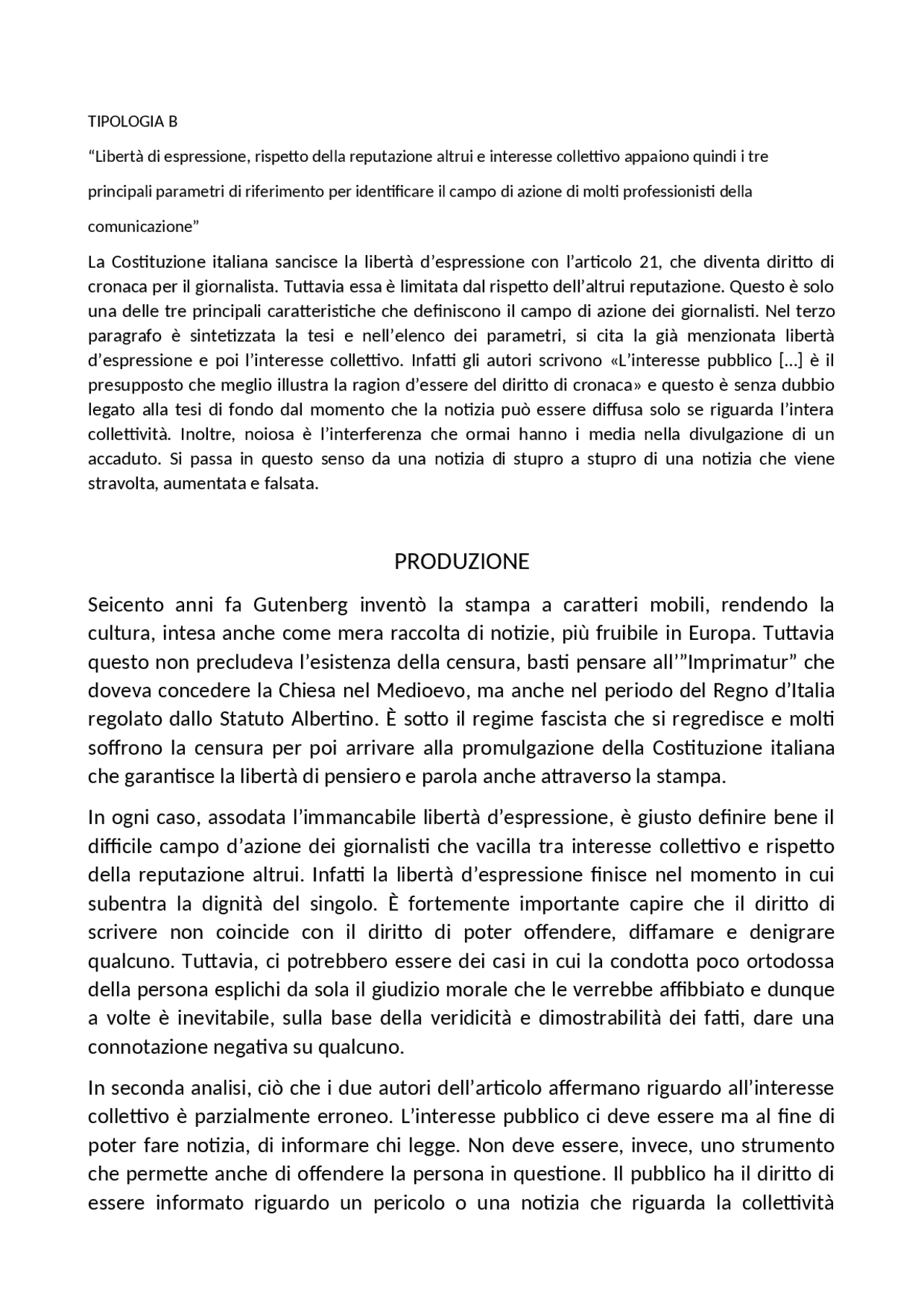 Tipologia B, libertà d'espressione | Temi di Italiano | Docsity