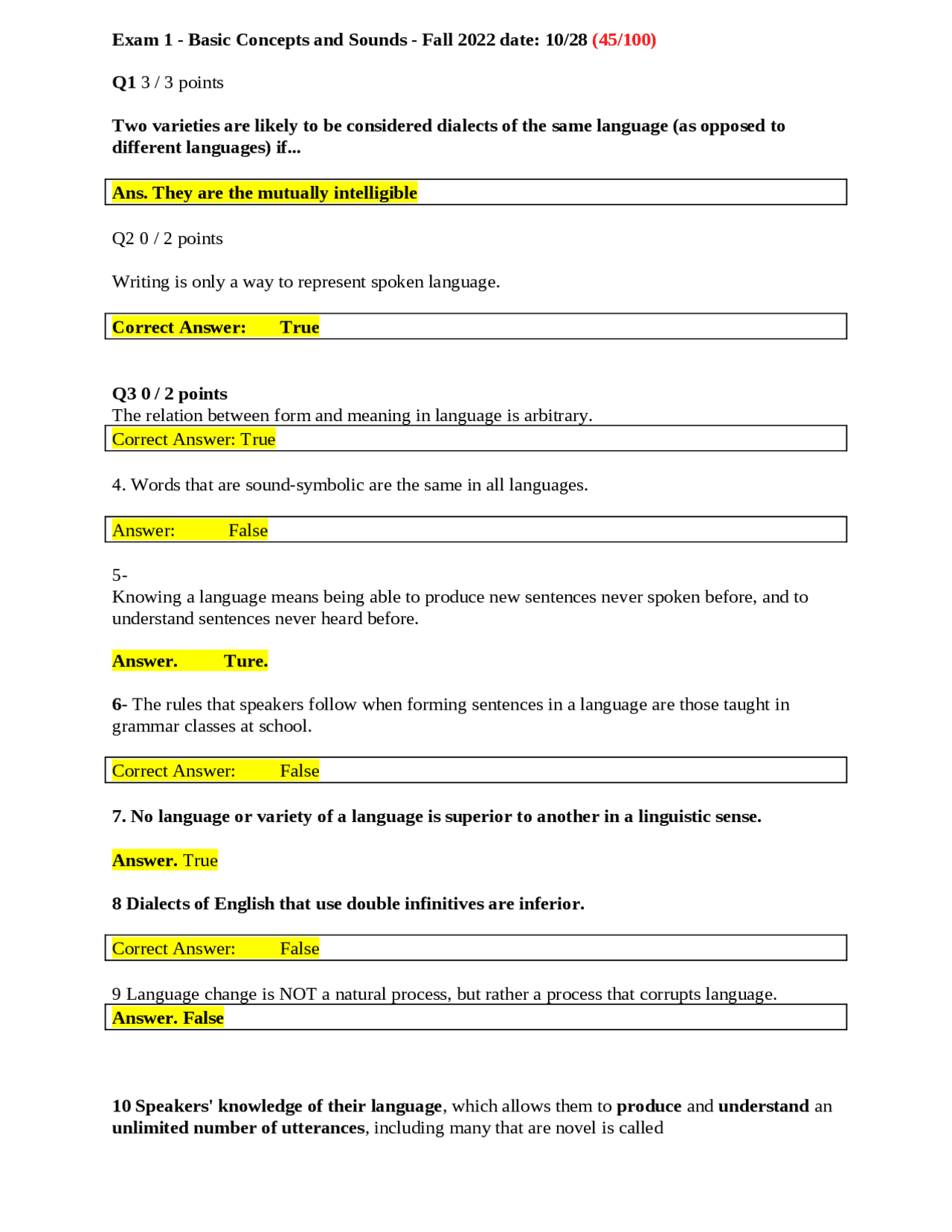 Exam Questions on Basic Concepts and Sounds - Fall 2022 | Exams Linguistics | Docsity