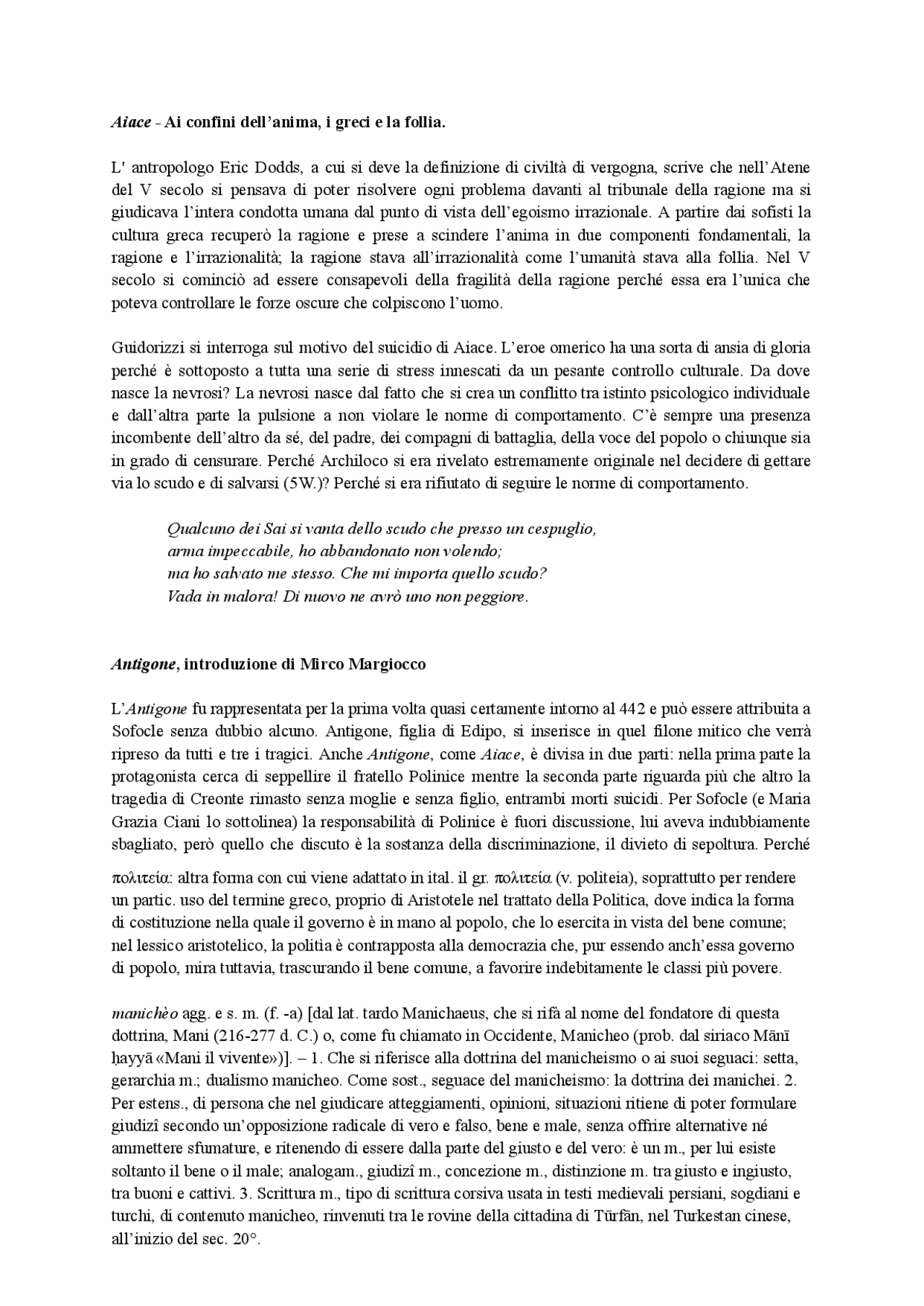 Dispensa sull'Antigone e sull'Aiace di Sofocle | Dispense di Filosofia del Diritto | Docsity