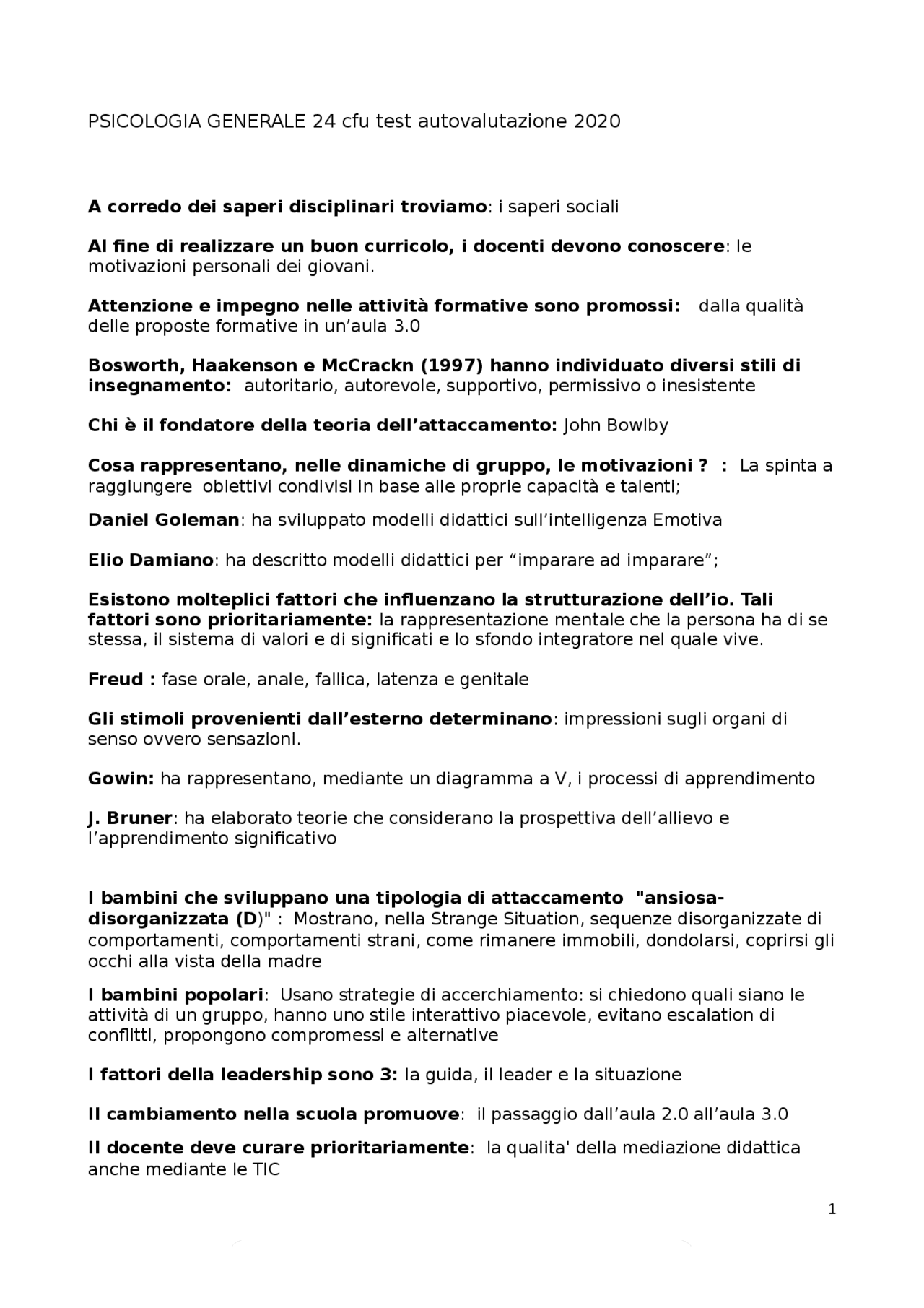 Autovalutazione Con Domande E Risposte Di Psicologia Generale